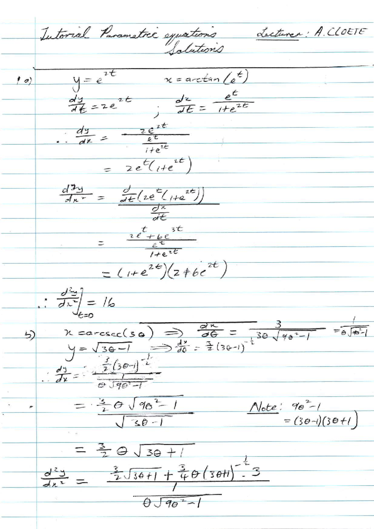 Solutions parametric equations - Tutorial Paramatric equations Lecturer ...