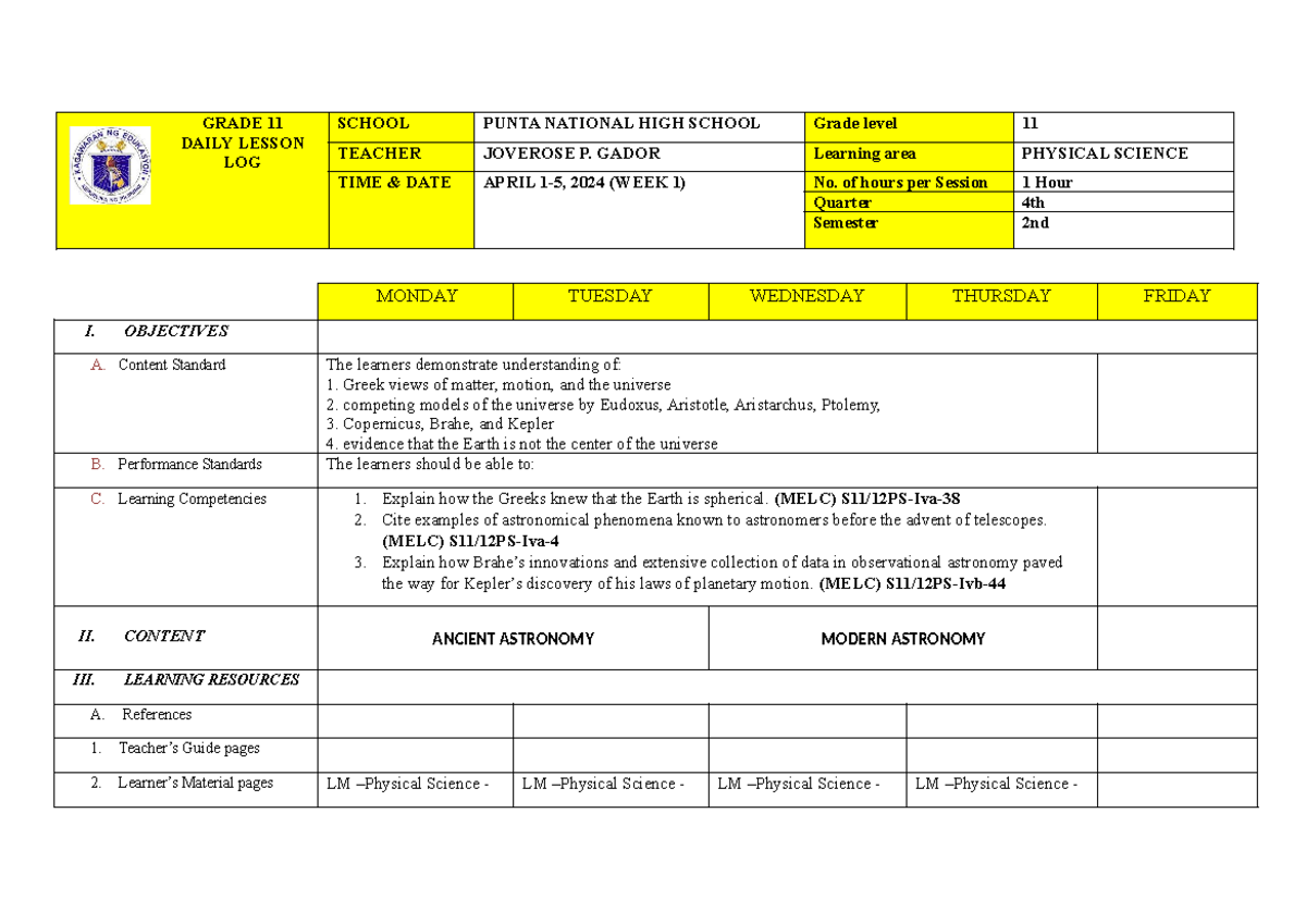DLL Grade 11 Physical Science Daily Lesson Log - Quarter 4, Week 1 ...