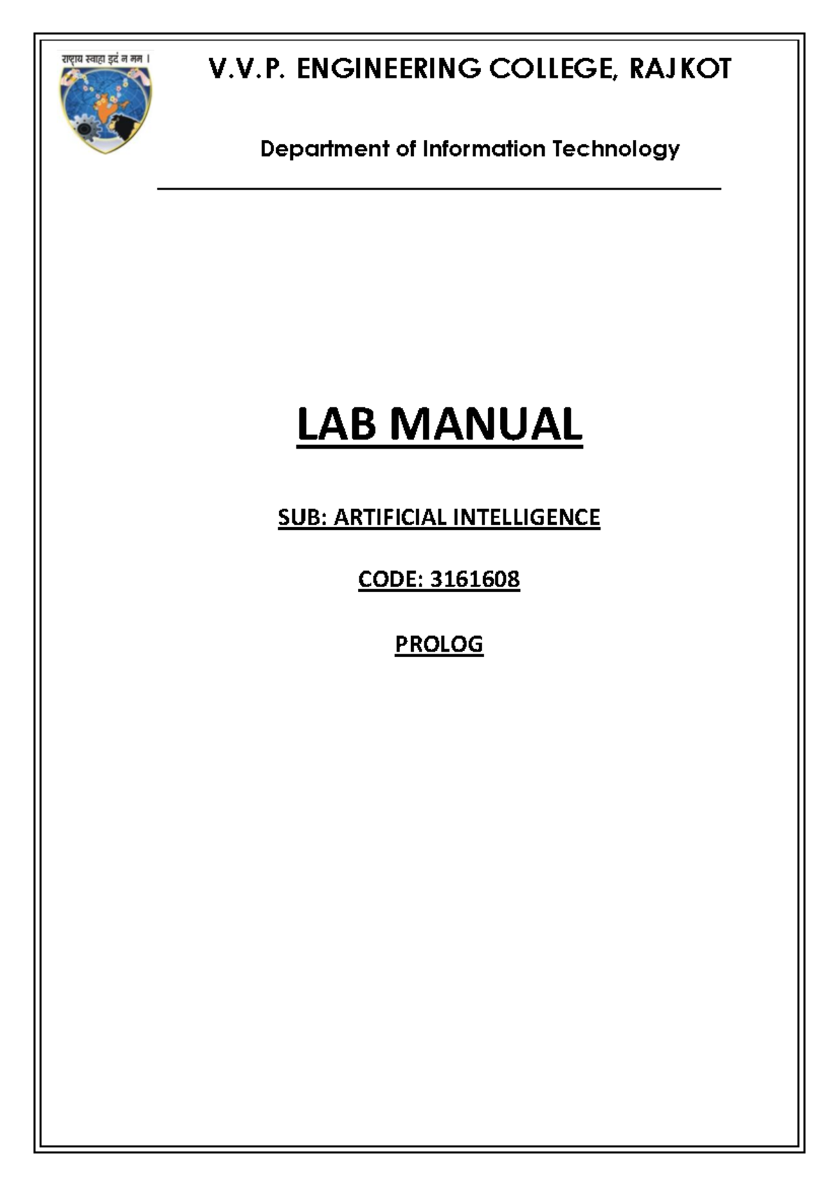AI LAB Manual 2024-25 - V.V.P. Engineering College, Code: 3161608 - Studocu