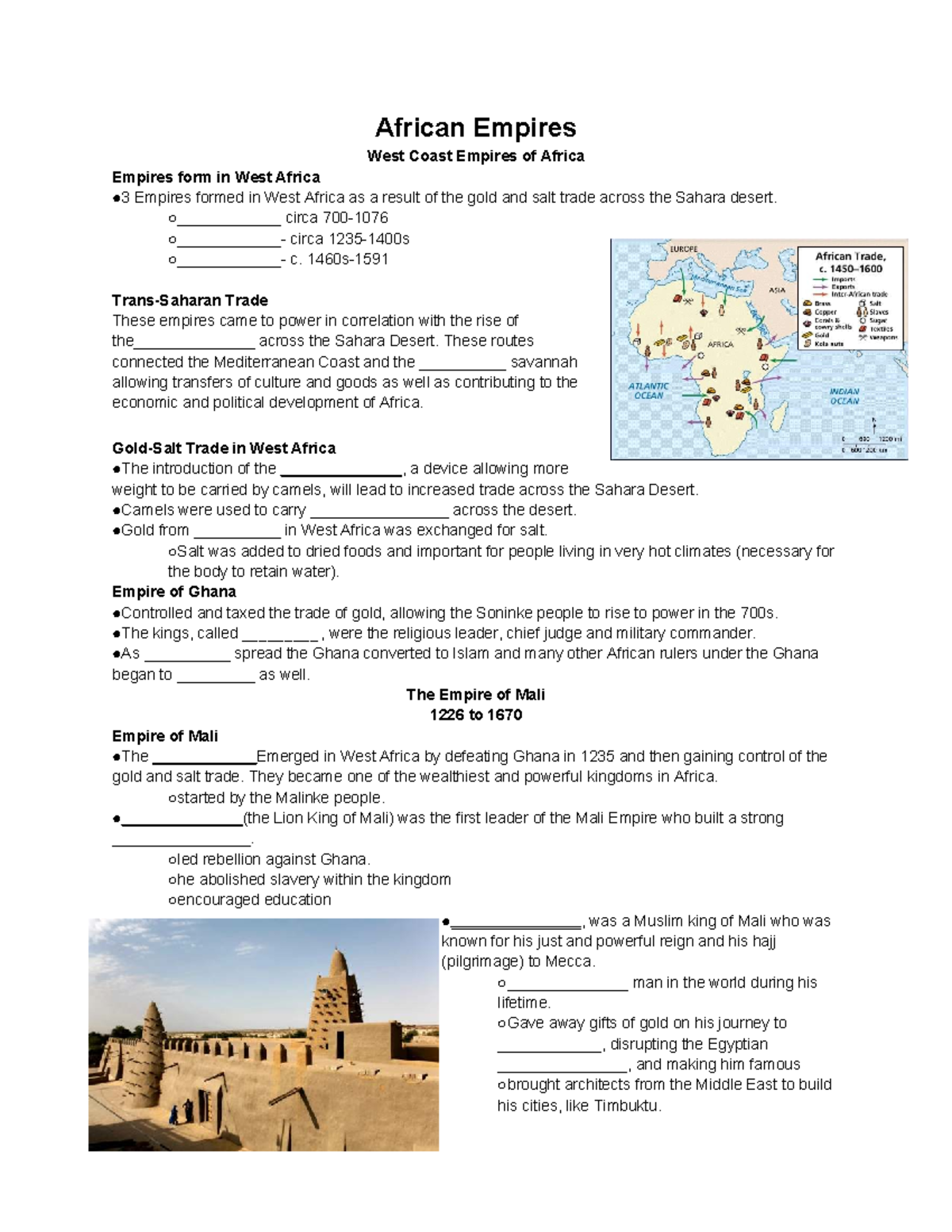African Empires (HIST 101) Guided Notes on West Coast Civilizations ...