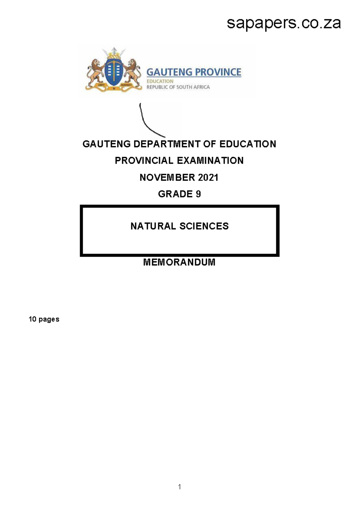 GAUTENG GRADE 9 NATURAL SCIENCES NOV 2021 EXAM MEMORANDUM - Studocu