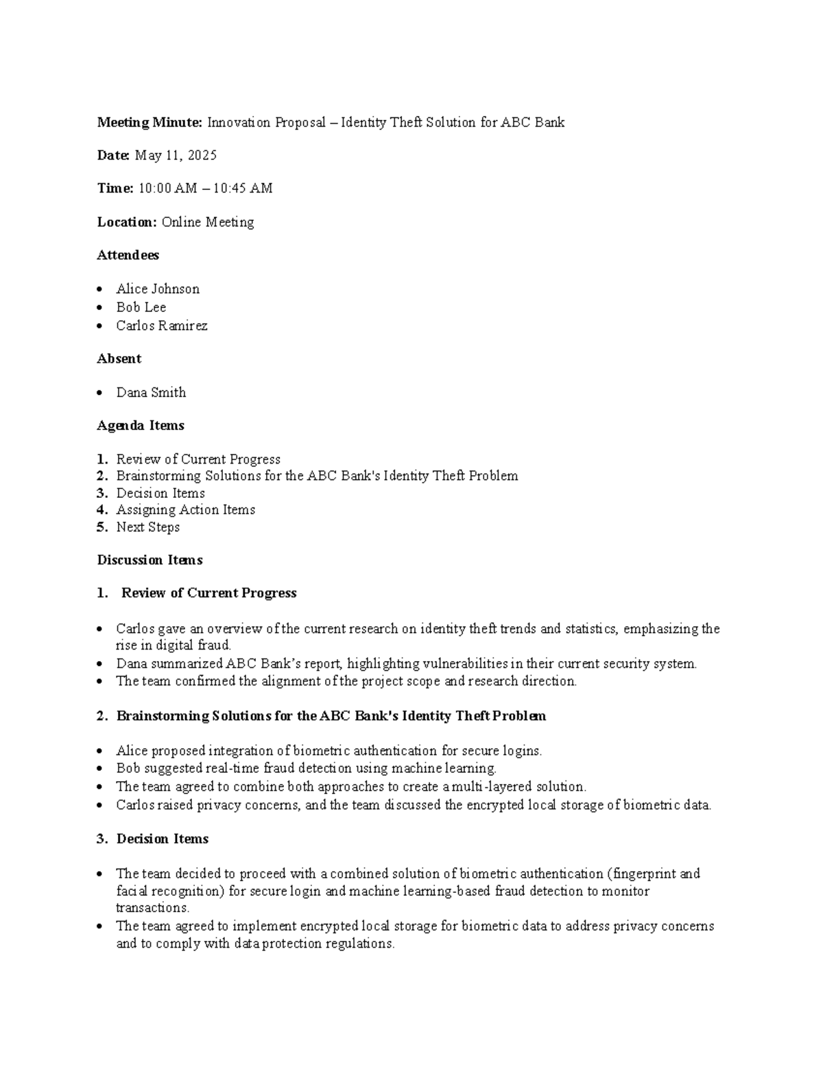 Meeting Minutes: Innovation Proposal for Identity Theft Solution - ABC ...