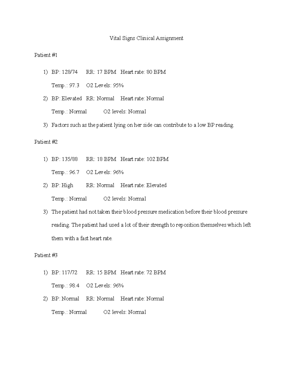 Vital Signs Clinical Assignment Analysis and Observations - Studocu