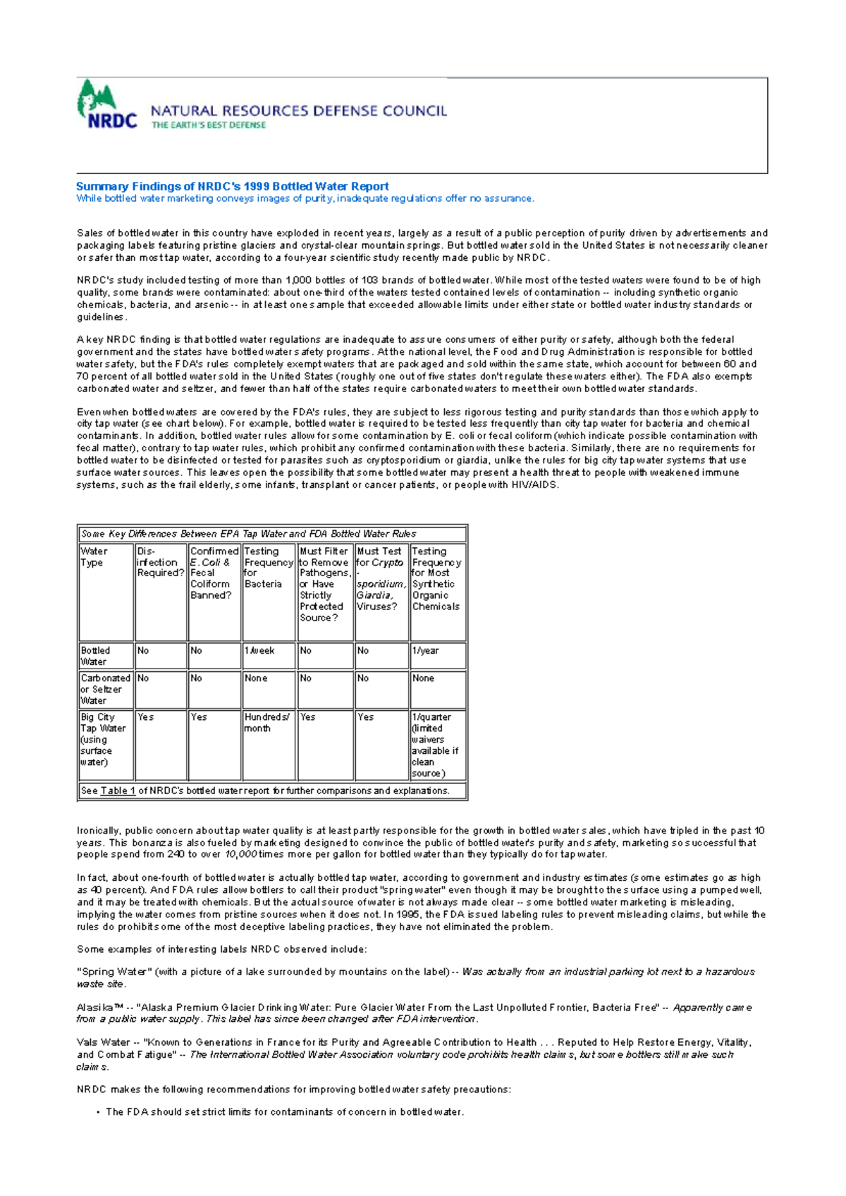 NRDC 1999 Report: Evaluating Bottled Water Safety & Purity - Studocu