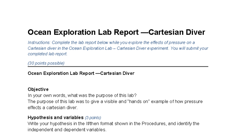Ocean Exploration Lab Report: Effects of Pressure on Cartesian Diver ...