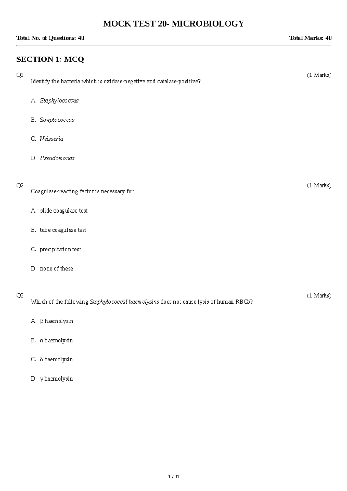 MOCK TEST: MICROBIOLOGY (40 Questions) - Studocu