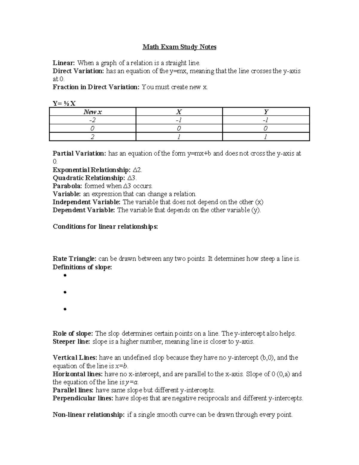 Grade 9 math exam study notes - Math Exam Study Notes Linear: When a ...