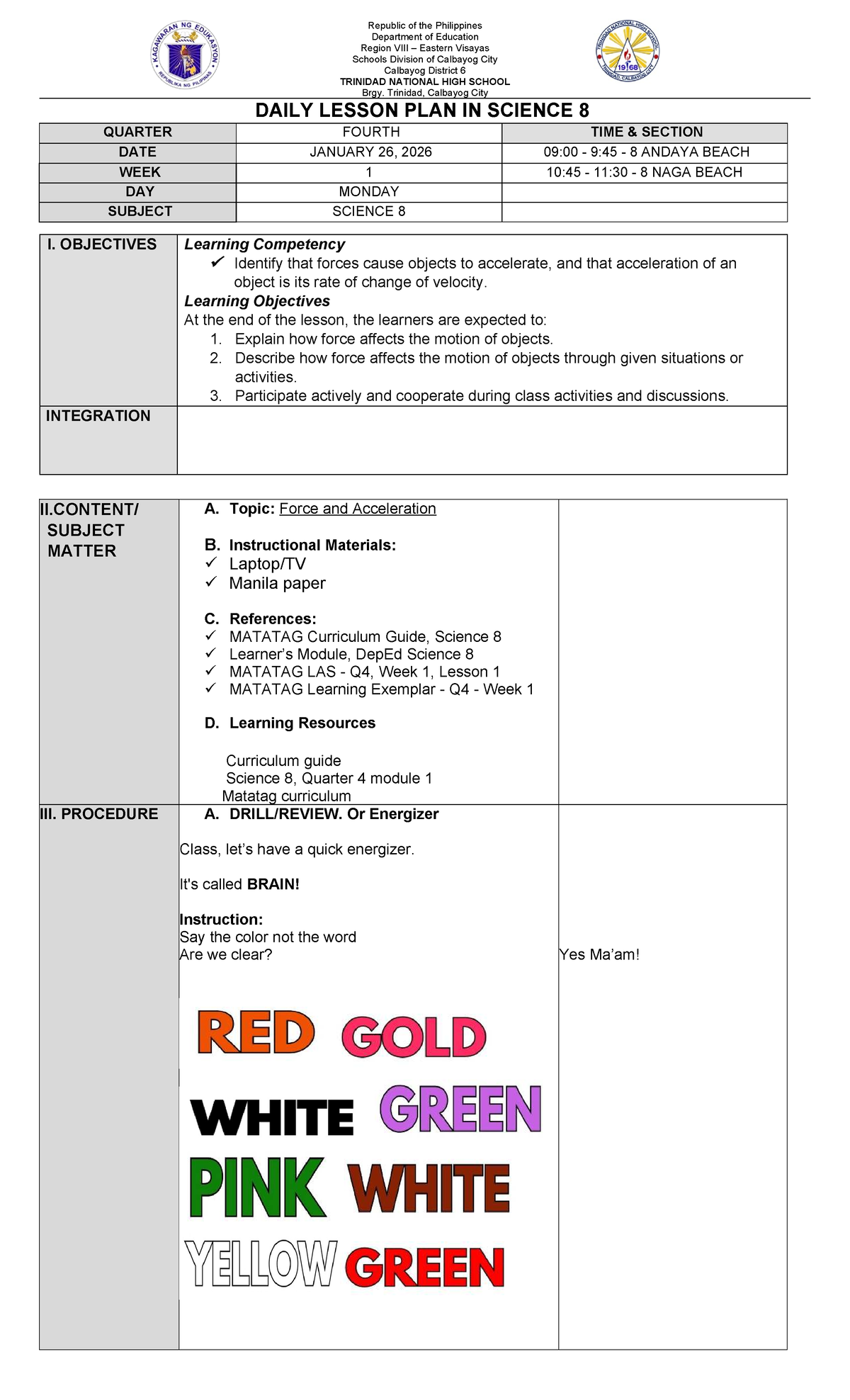 Science 8 Q4 Week 1 Lesson Plan: Forces and Acceleration - Studocu