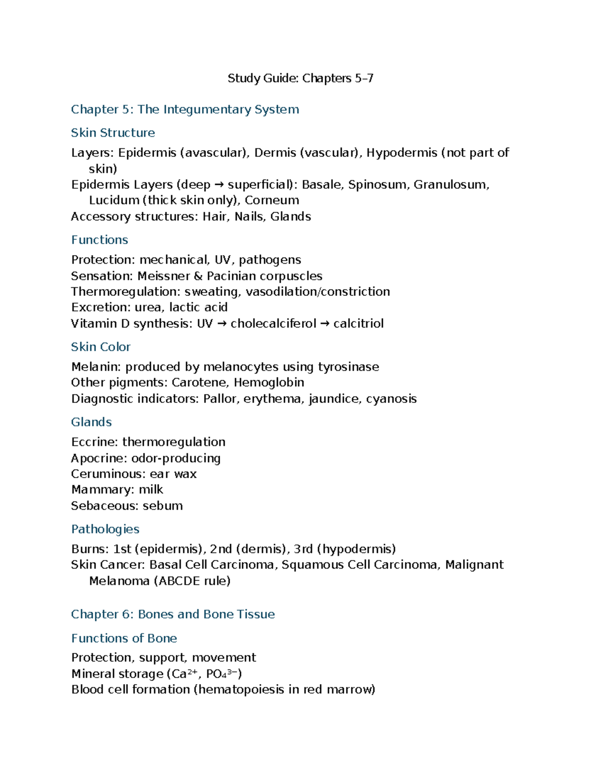 Study Guide: Integumentary & Skeletal Systems (Chapters 5-7) - Studocu