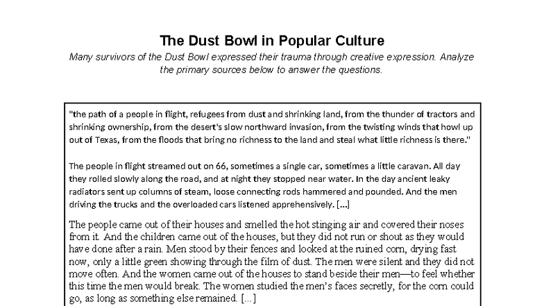 Unit 5 LE3: Analyzing the Dust Bowl in Popular Culture - Studocu