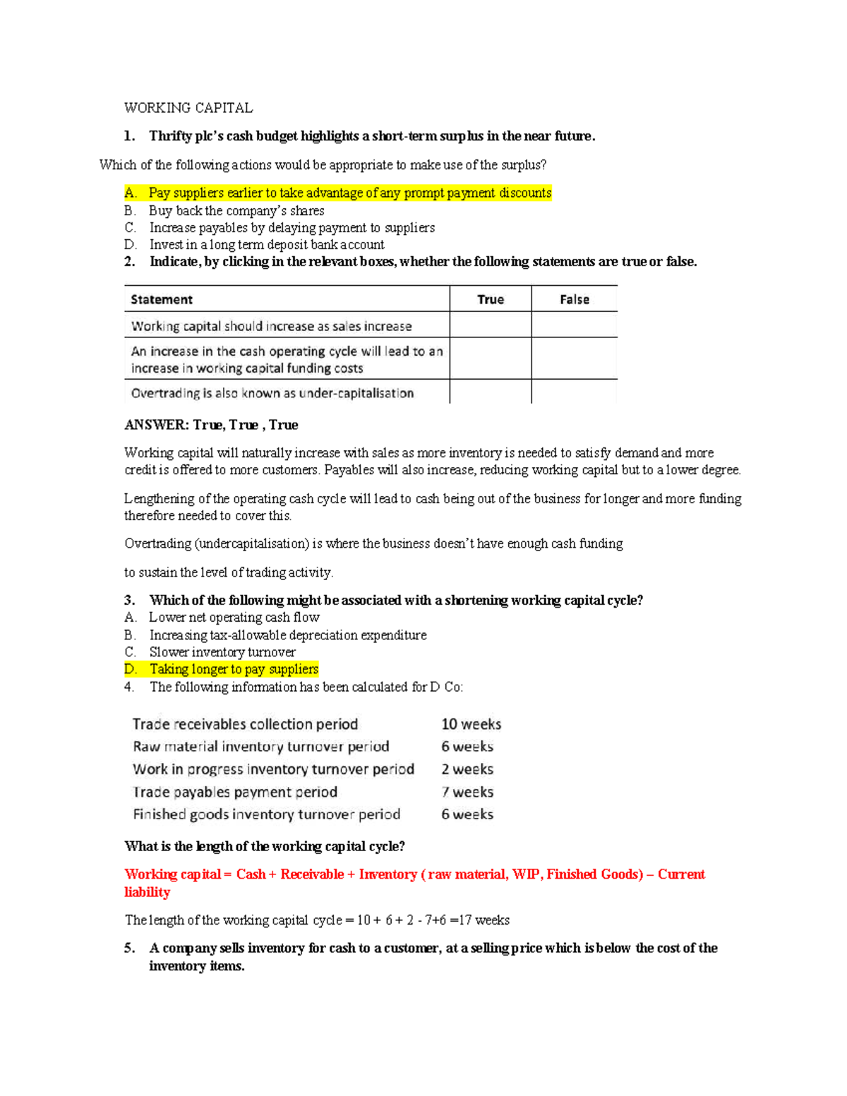 Working Capital MCQ Study Guide - WC (Kaplan) - Studocu