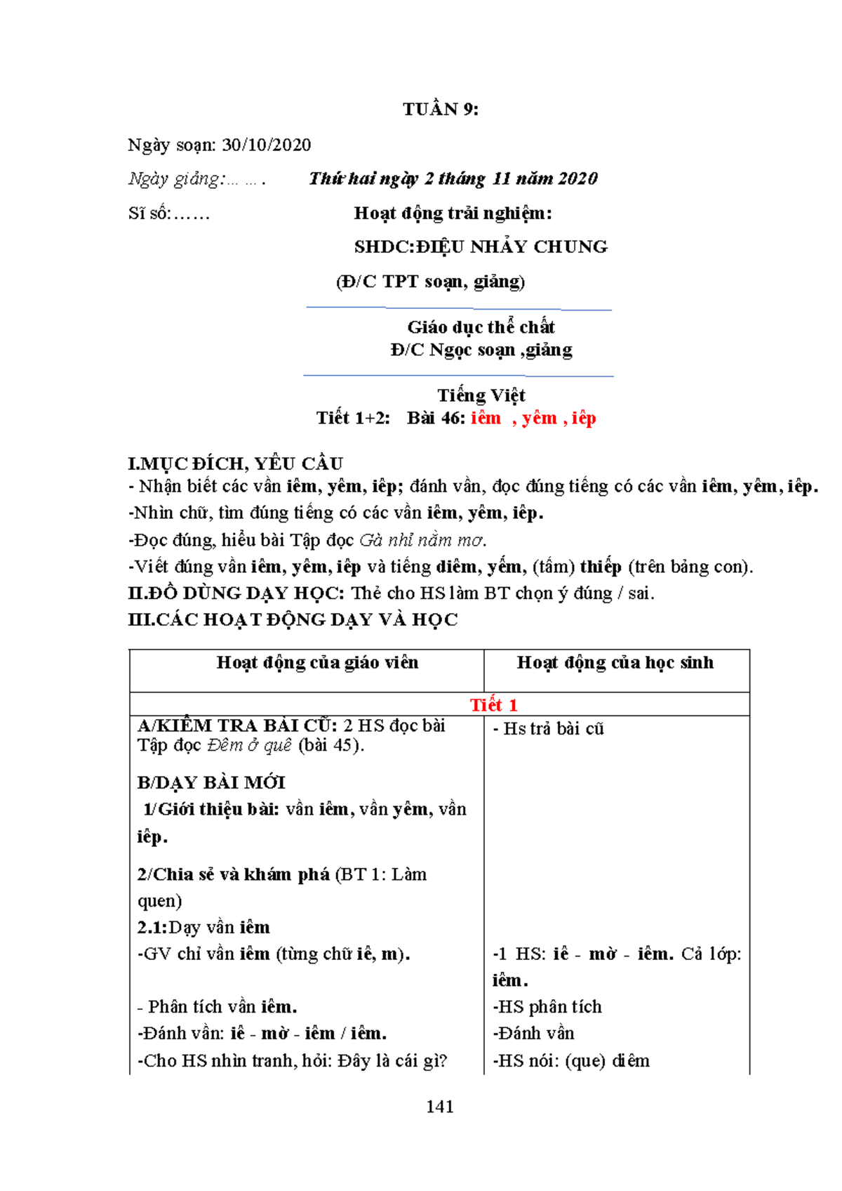 TUẦN 9: Hoạt Động Dạy Học Về Vần iêm, yêm, iêp, ôm, ôp - Studocu