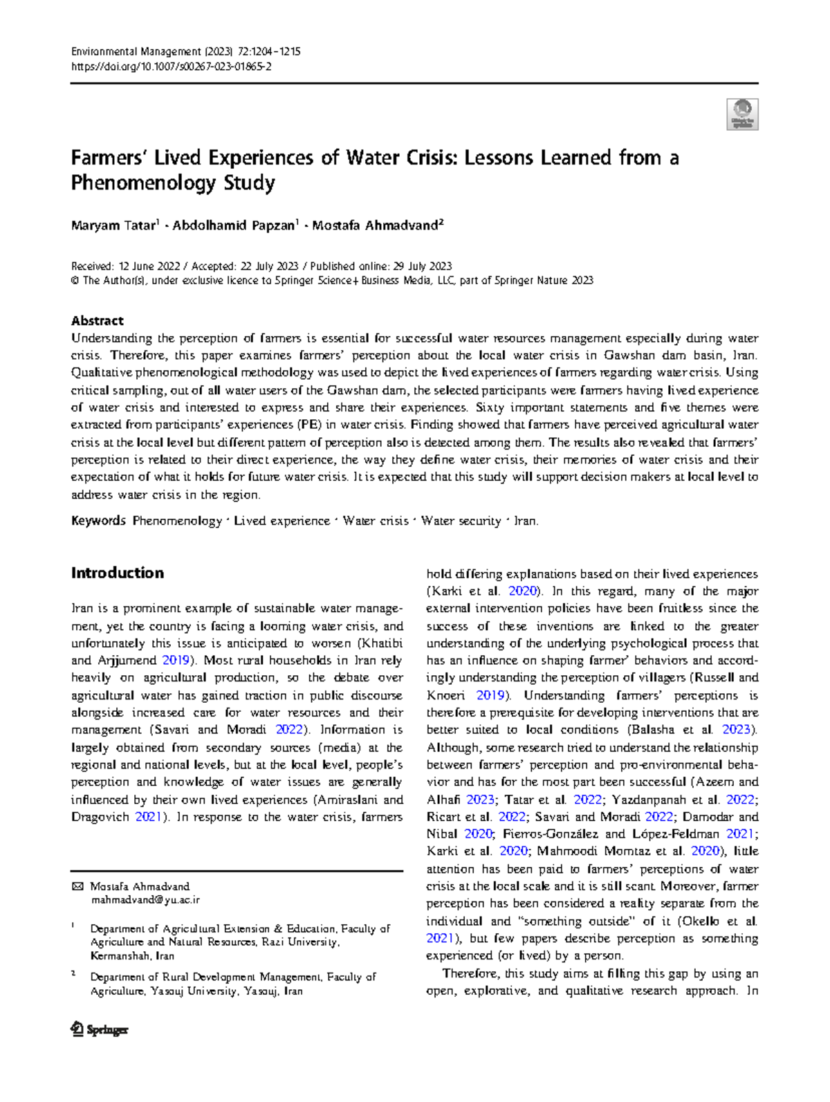 Environmental Management (2023) Farmers' Perceptions of Water Crisis: A ...