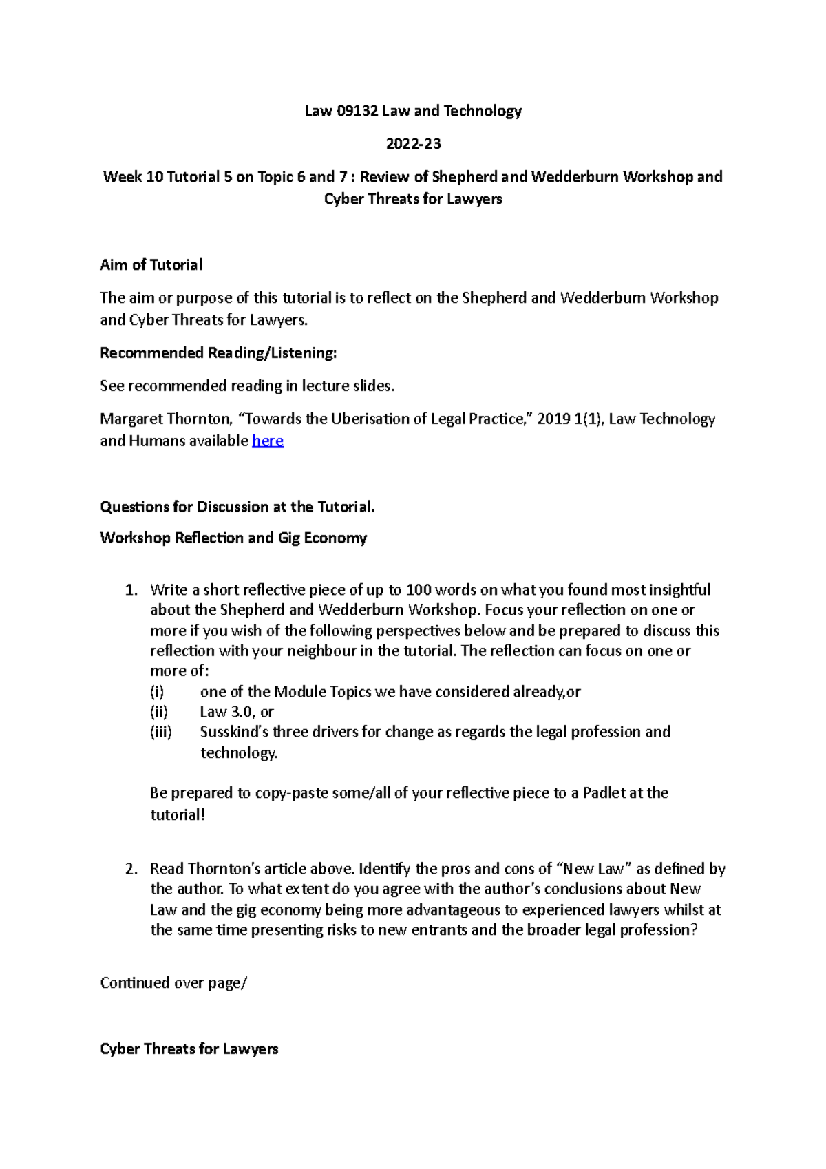 2022 Law and Tech Tutorial 5 on Topics 6 and 7 combined - Law 09132 Law ...