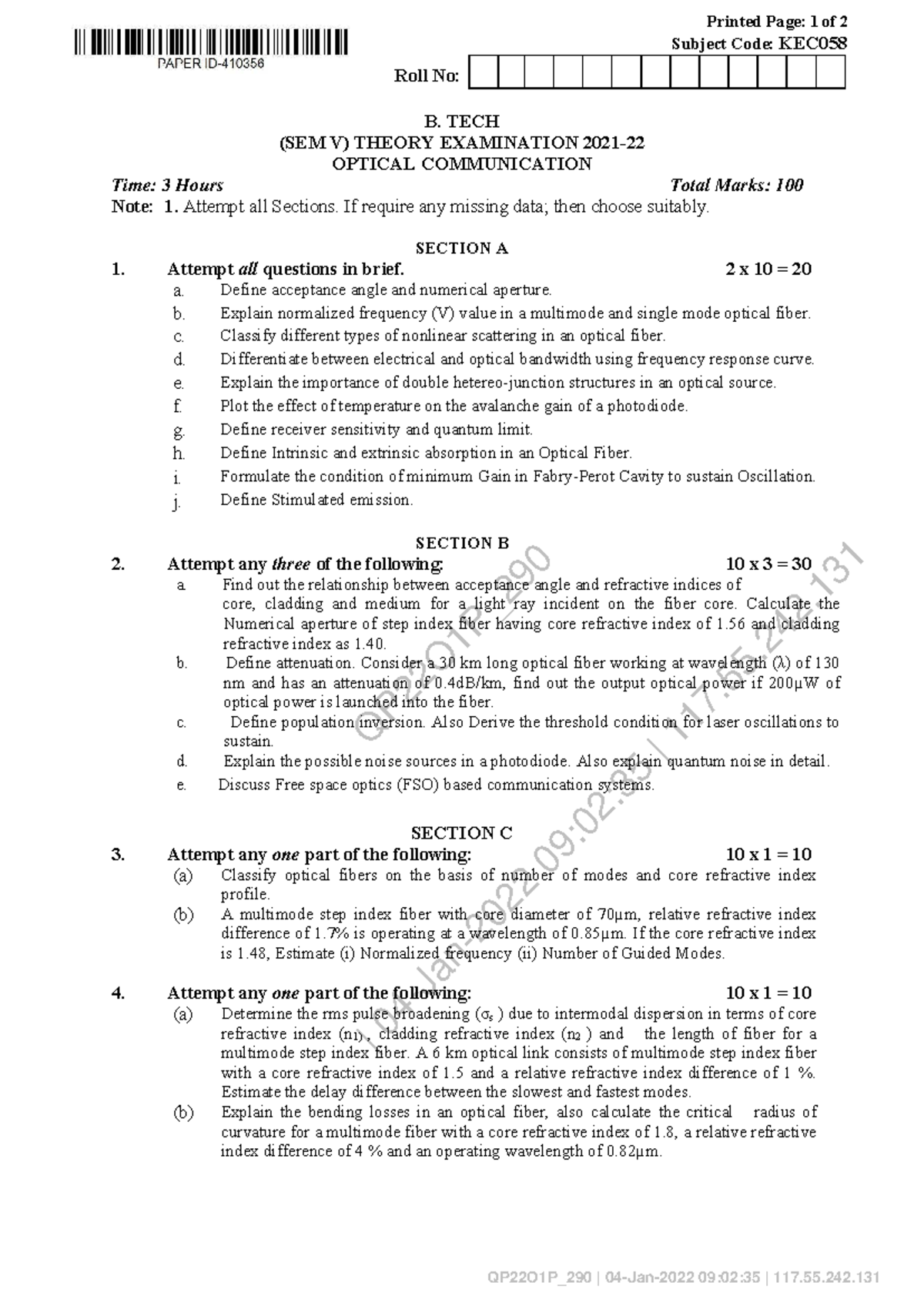 KEC058 B. TECH (SEM V) Theory Exam: Optical Communication PYQs - Studocu