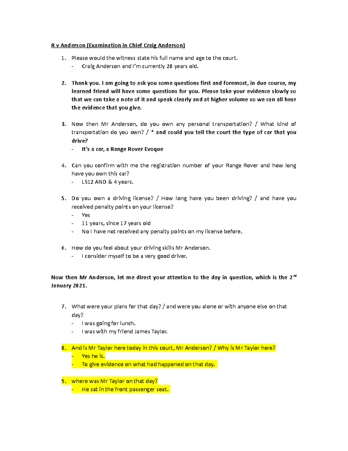 R v Anderson (Examination in Chief - Witness Testimony Details) - Studocu
