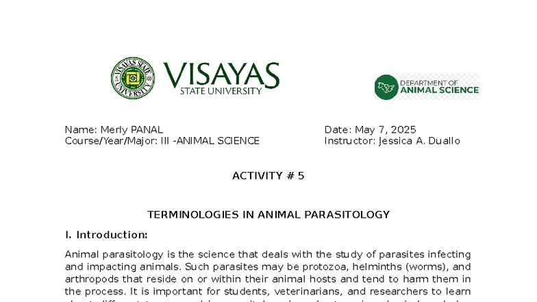 Activity 5: Key Terminologies in Animal Parasitology (PANAL SCIENCE ...