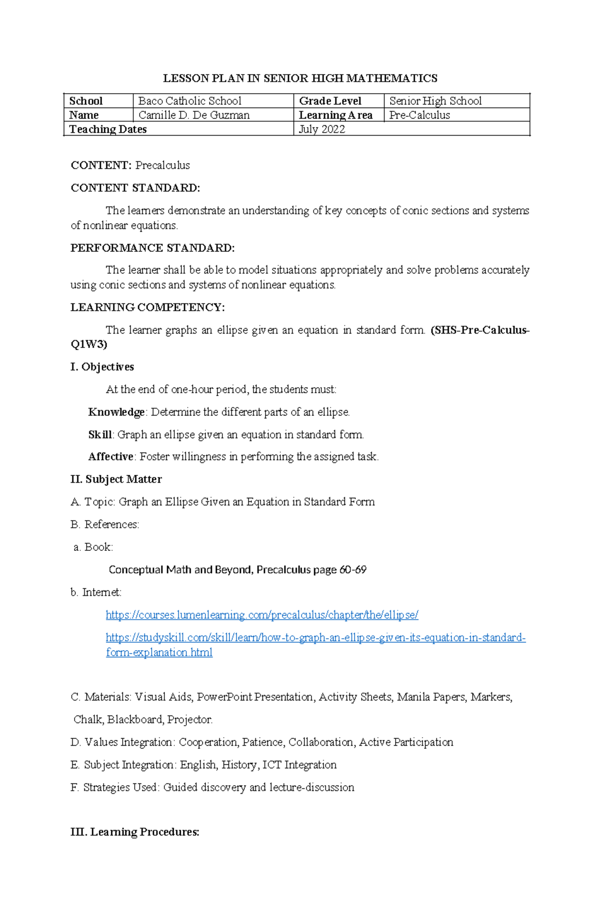 Lesson Plan: Graphing Ellipses (SHS-Pre-Calculus-Q1W3) - Studocu