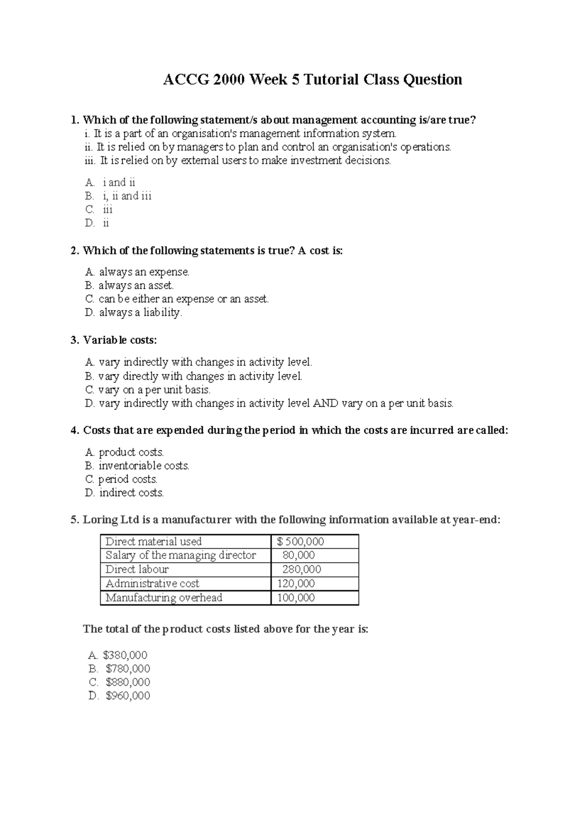 ACCG 200 Week 5 Tutorial Questions - ACCG 2000 Week 5 Tutorial Class ...