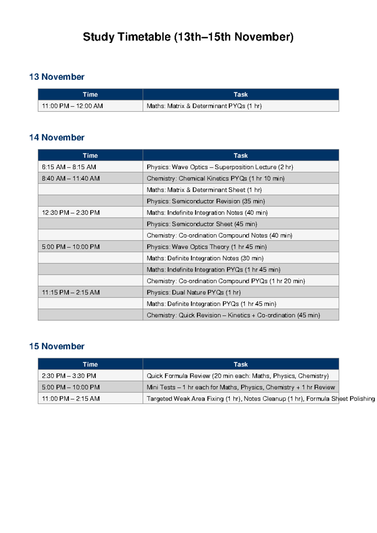 Study Timetable (13-15 Nov) for Maths, Physics, Chemistry - Studocu