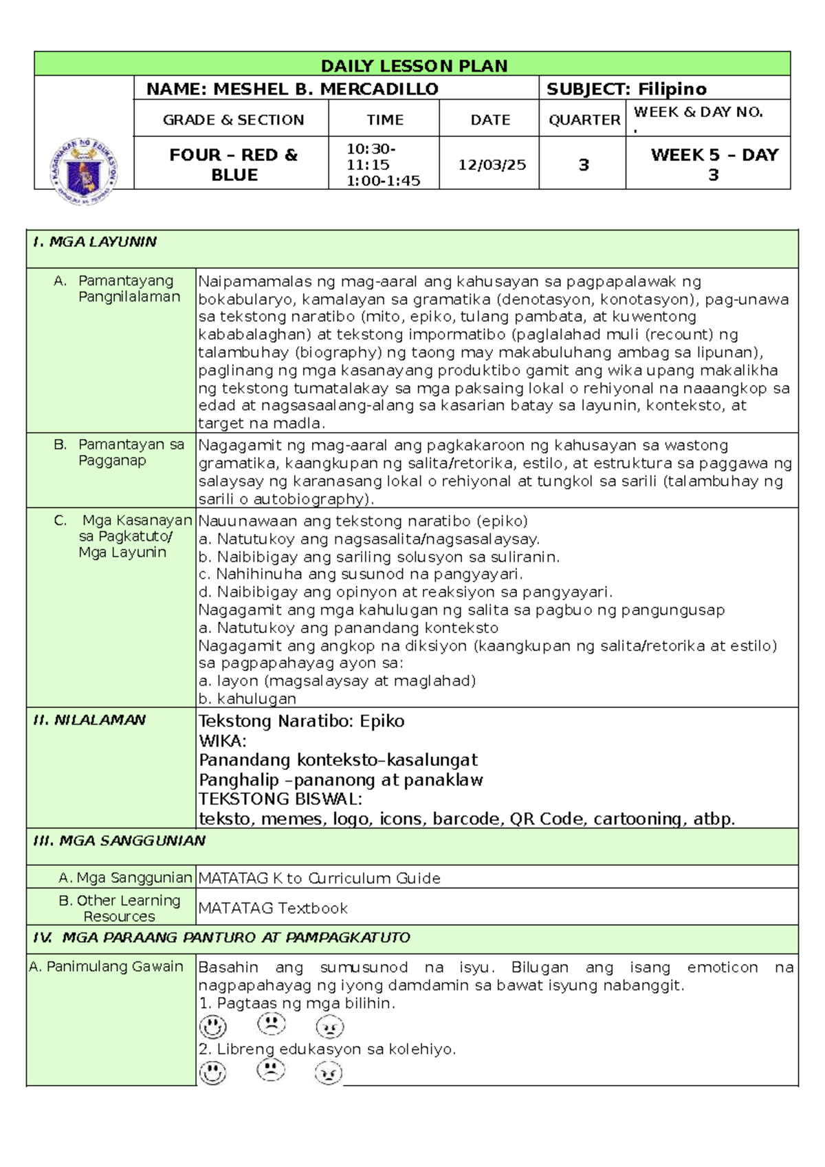 DLP: Filipino 4 - Quarter 3, Week 5, Day 3 Lesson Plan - Studocu