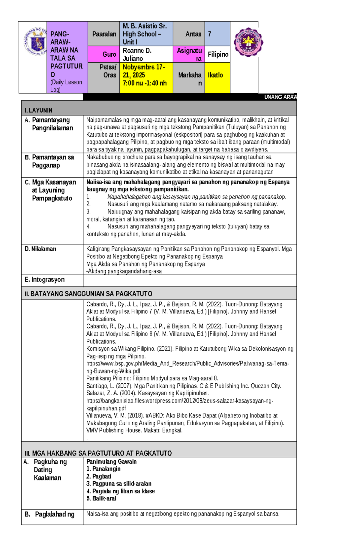 PANGARAWARAW NA TALA SA PAGTUTURO (Daily Lesson Log) - Filipino 7 - Studocu