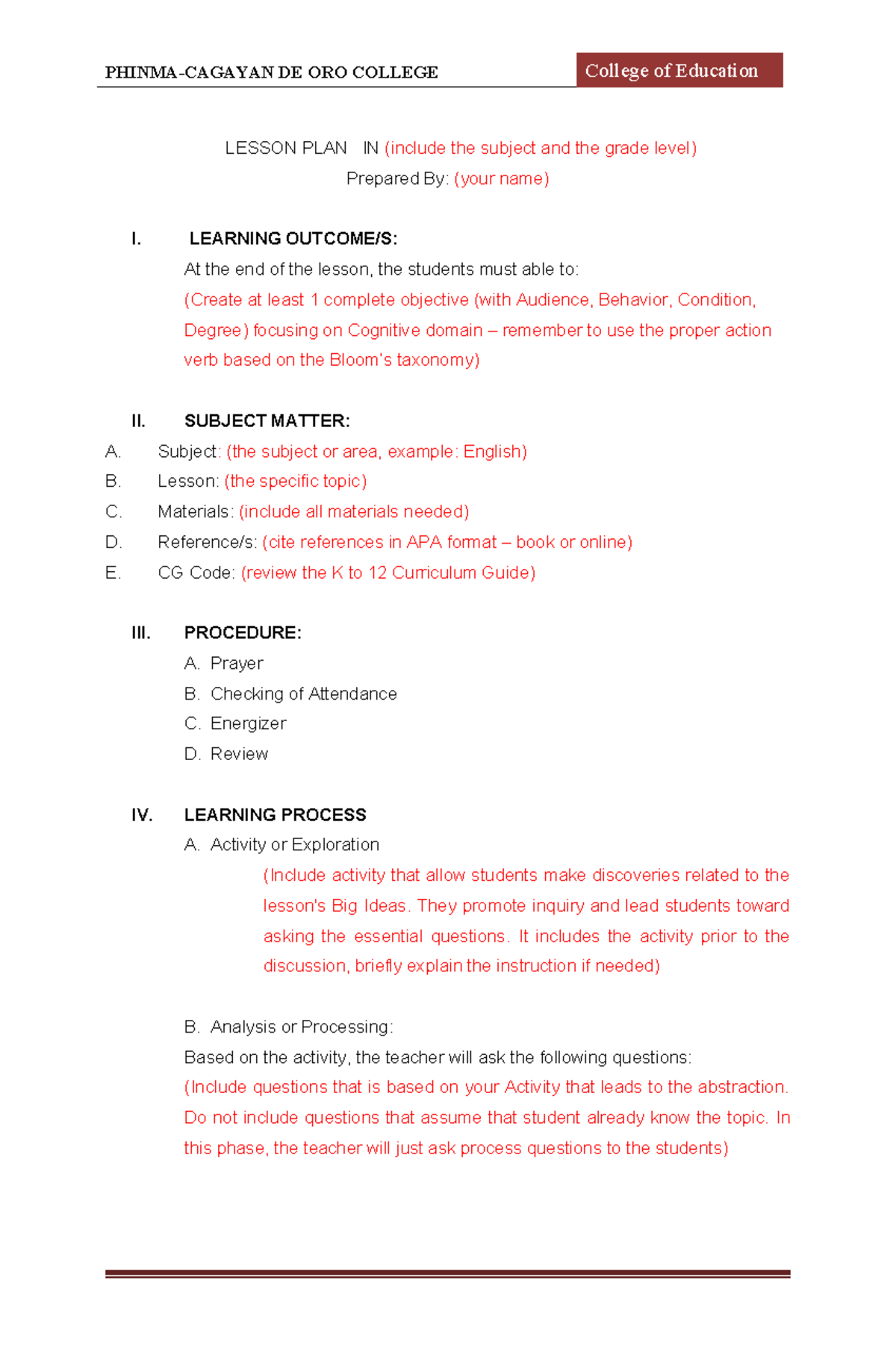 DE ORO COLLEGE Lesson Plan Format for Education (Sample) - Studocu