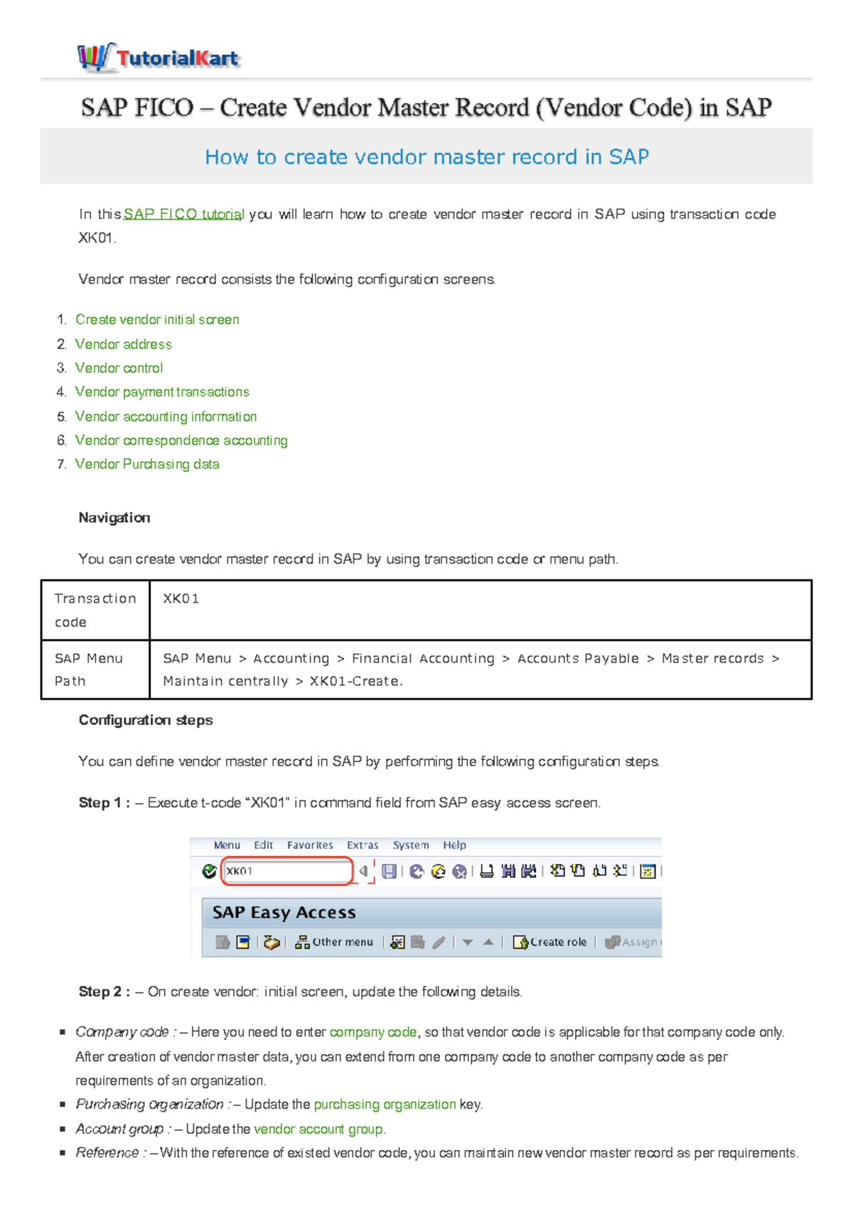 SAP FICO: Guide to Creating Vendor Master Record with XK01 - Studocu