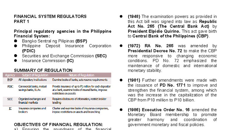 FIN 101: Overview of Philippine Financial System Regulators - Studocu
