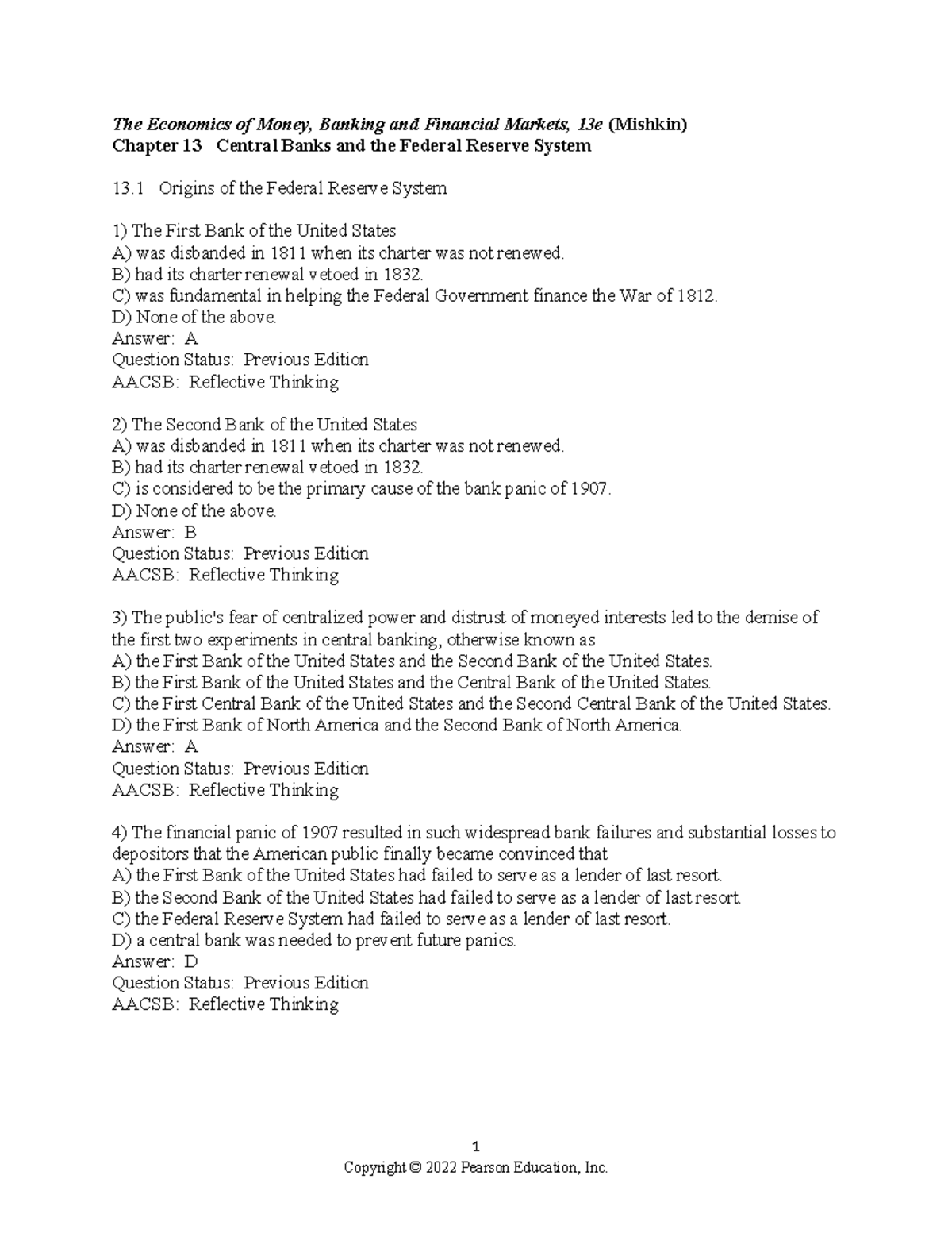 Chapter 13 - Central Banks & the Federal Reserve System, 13E Testbank ...