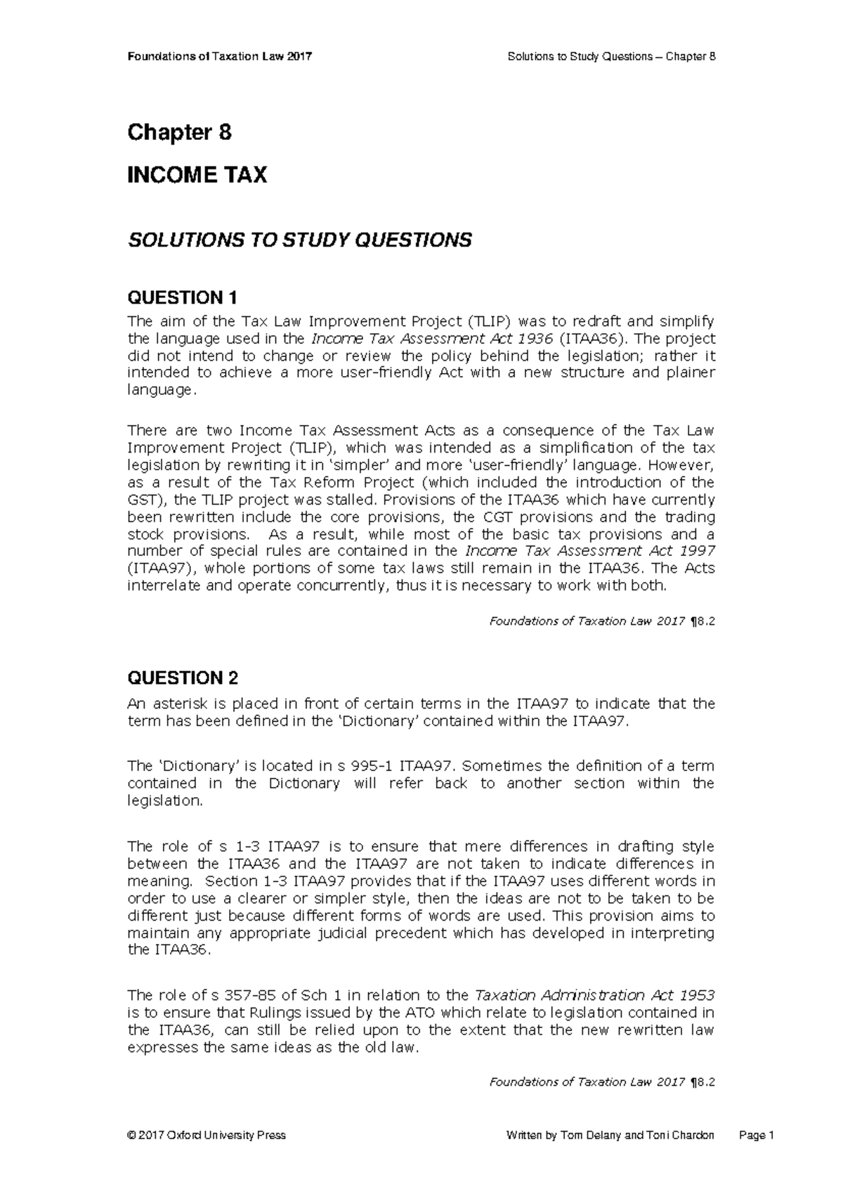 2017 .AFTL.Solutions. Chapter 8 Income TAX E1 - Chapter 8 INCOME TAX ...