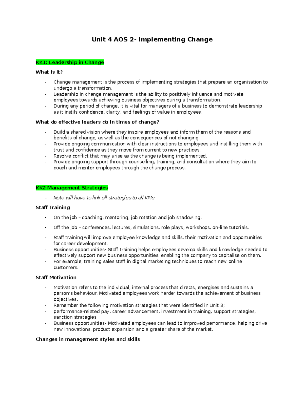 Unit 4 AOS 2 Notes: Leadership and Change Management Strategies - Studocu