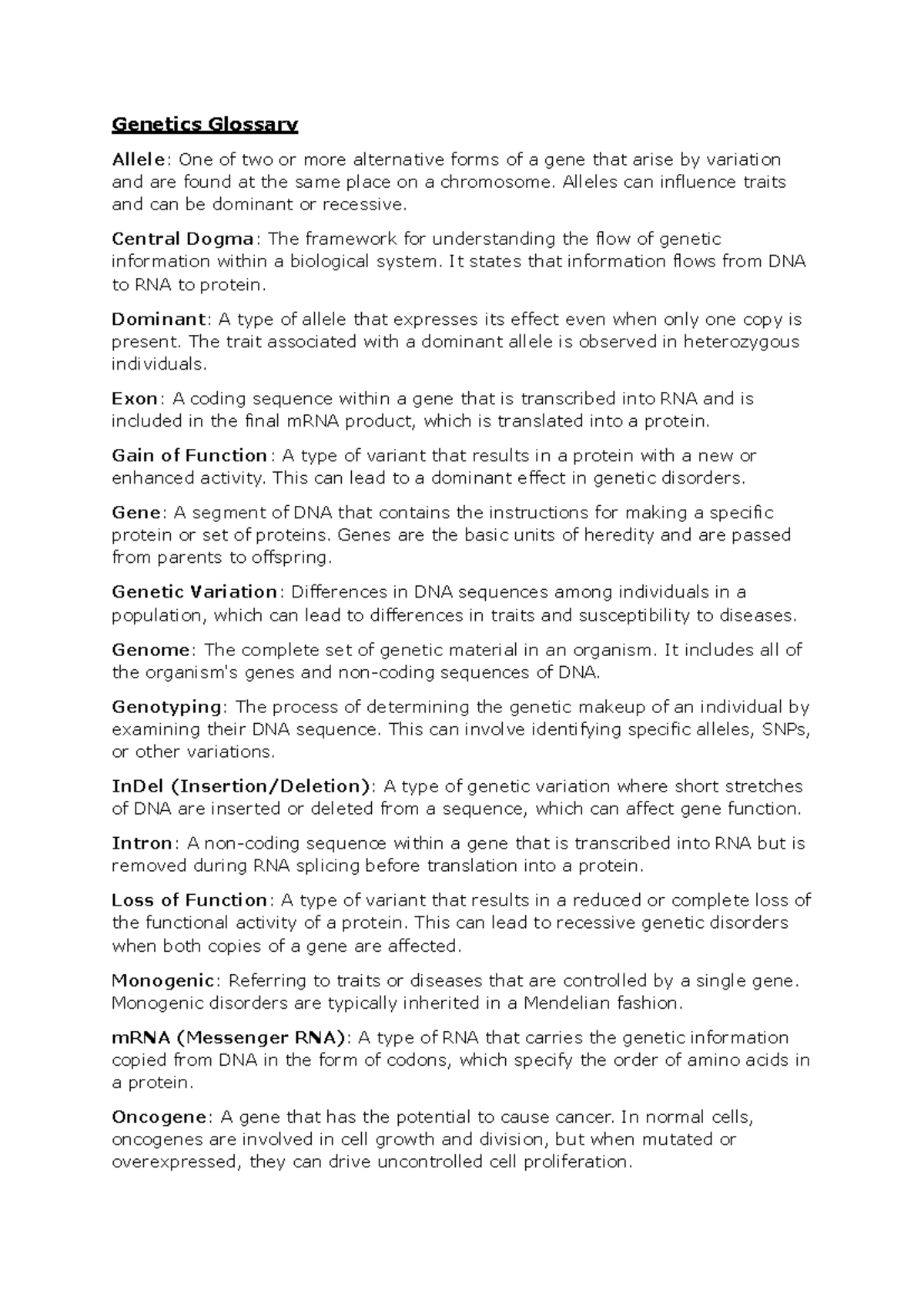 Genetics Glossary: Key Terms and Definitions for Study - Studocu