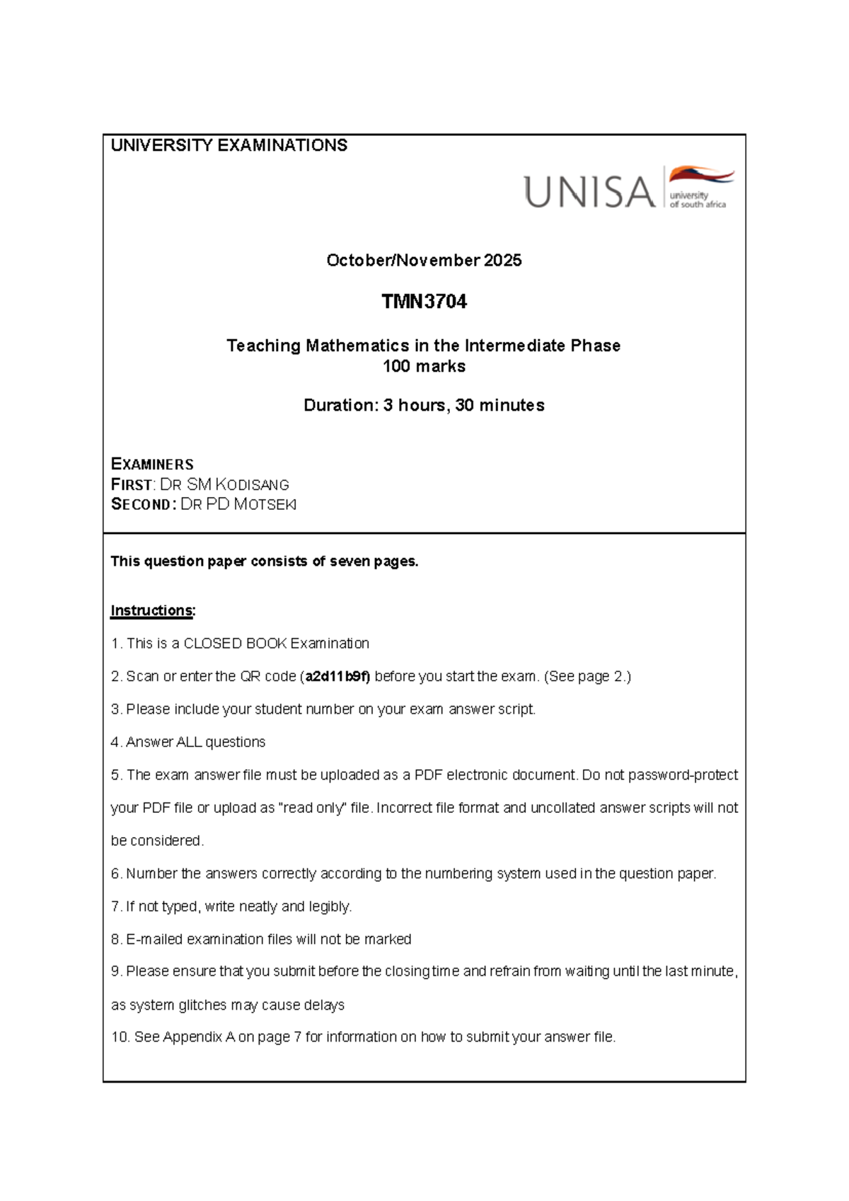 TMN3704 Final Exam Guide: Teaching Mathematics in the Intermediate ...