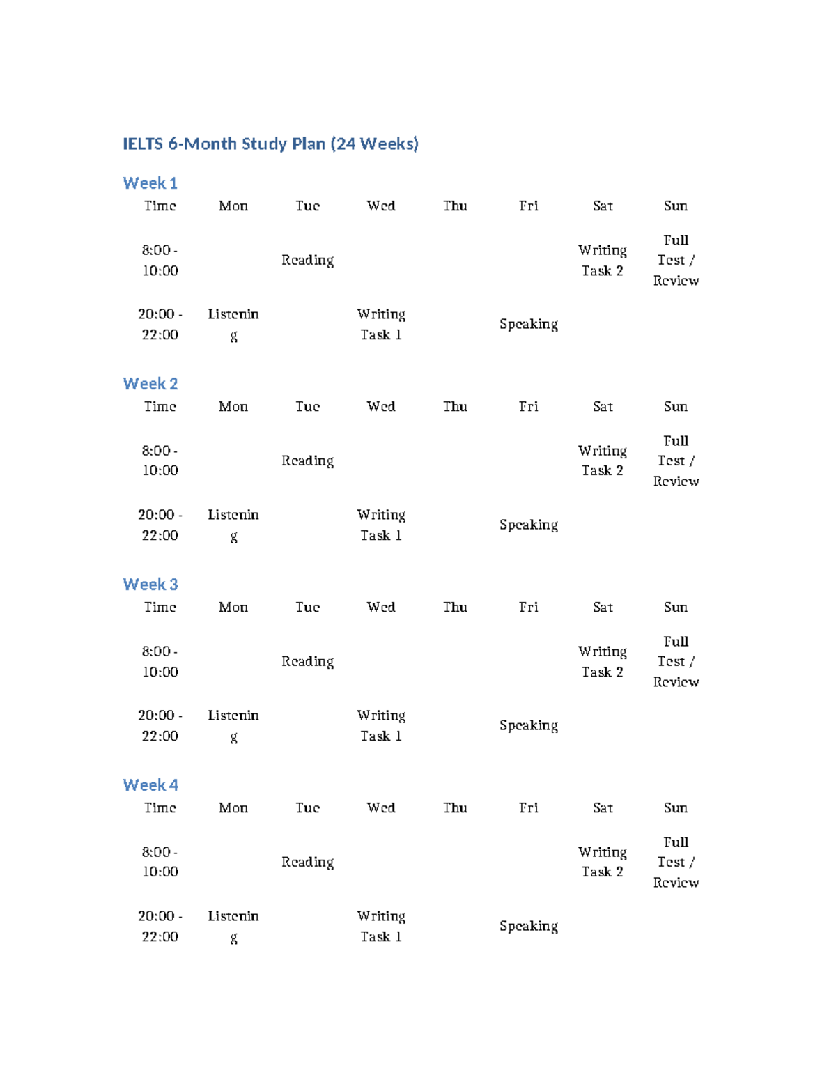 IELTS 24-Week Study Plan: Weekly Schedule & Tasks - Studocu