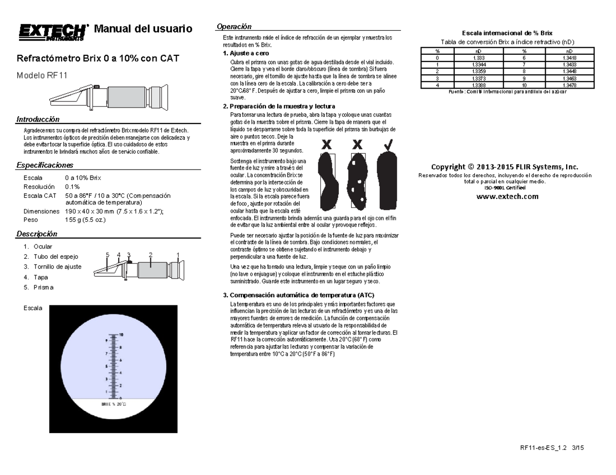 Manual del Usuario: Refractómetro Brix RF11 (0-10%) con CAT - Studocu
