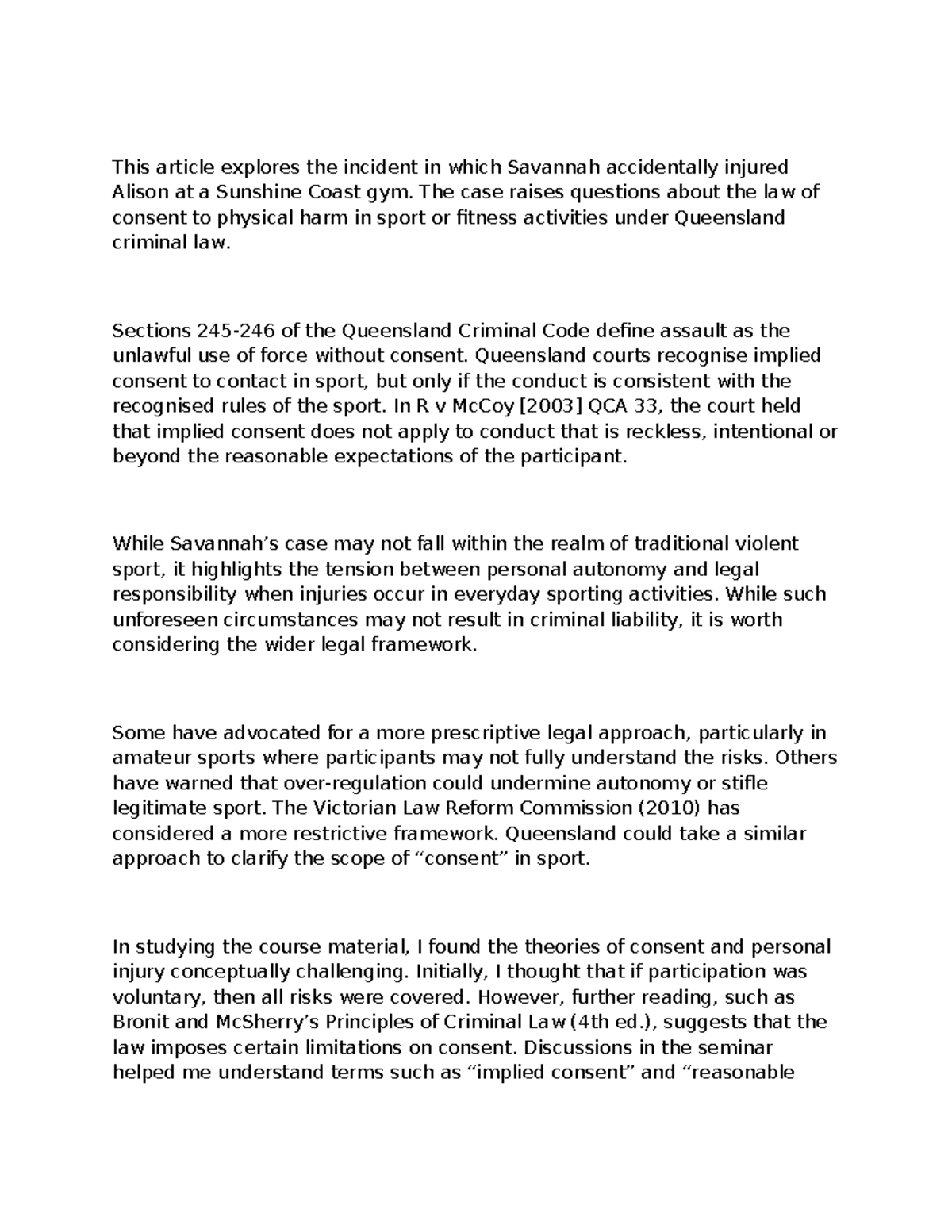 Reflection on Consent and Assault in Sport: QLD Criminal Law Insights ...