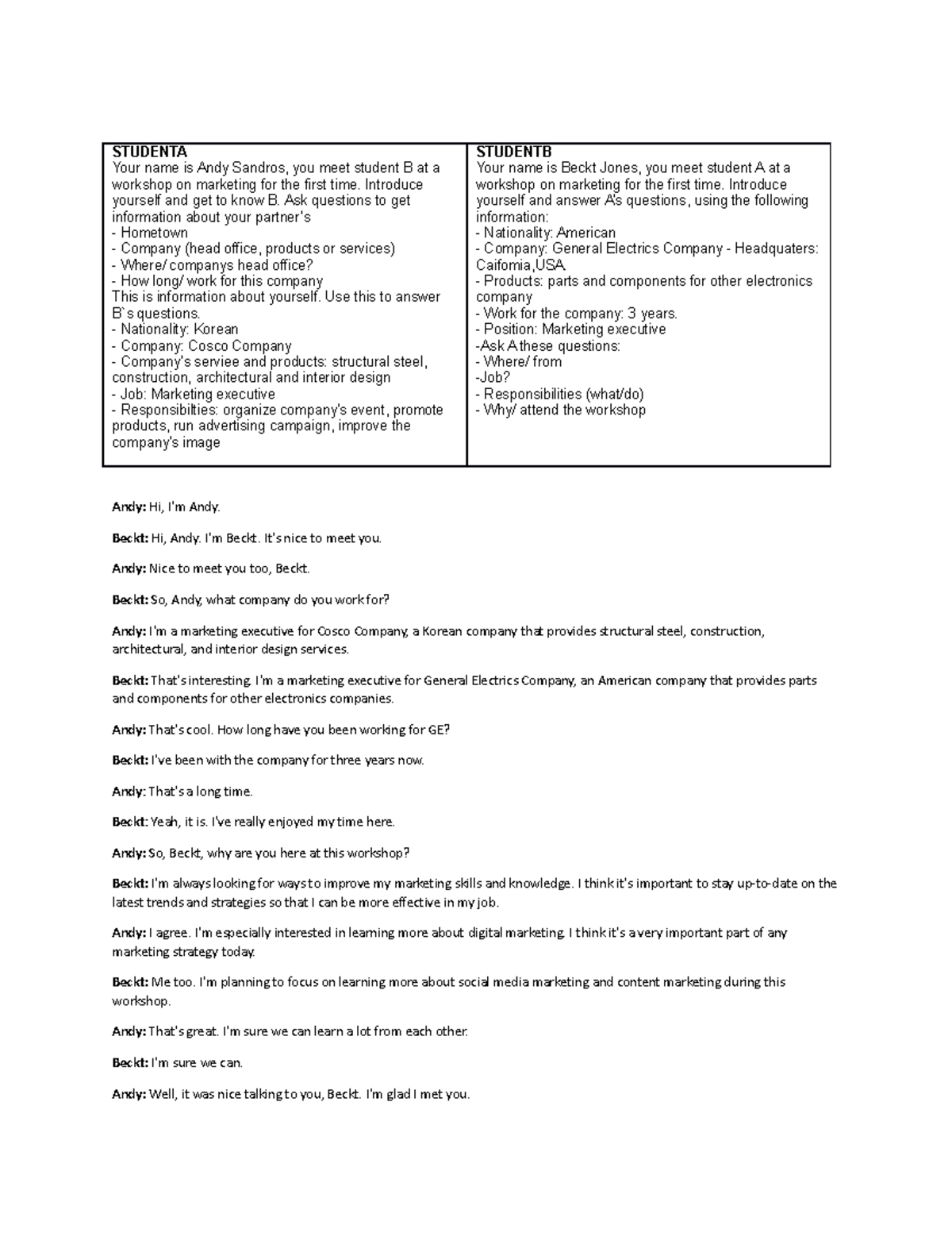 Marketing Workshop Dialogue and Role-Play Scenarios - Studocu