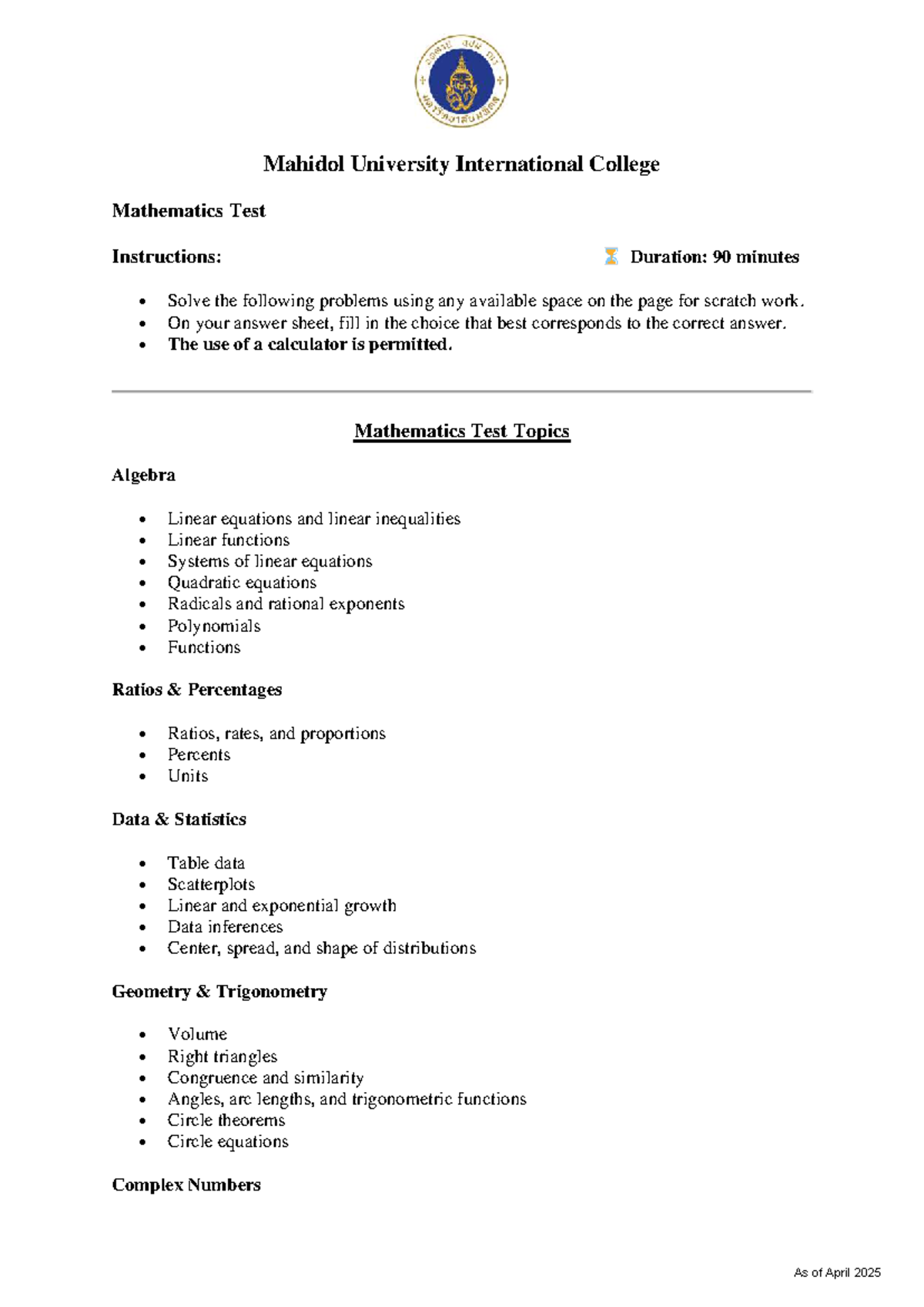 MUIC Mathematics Test Sample A: Practice Questions and Instructions ...