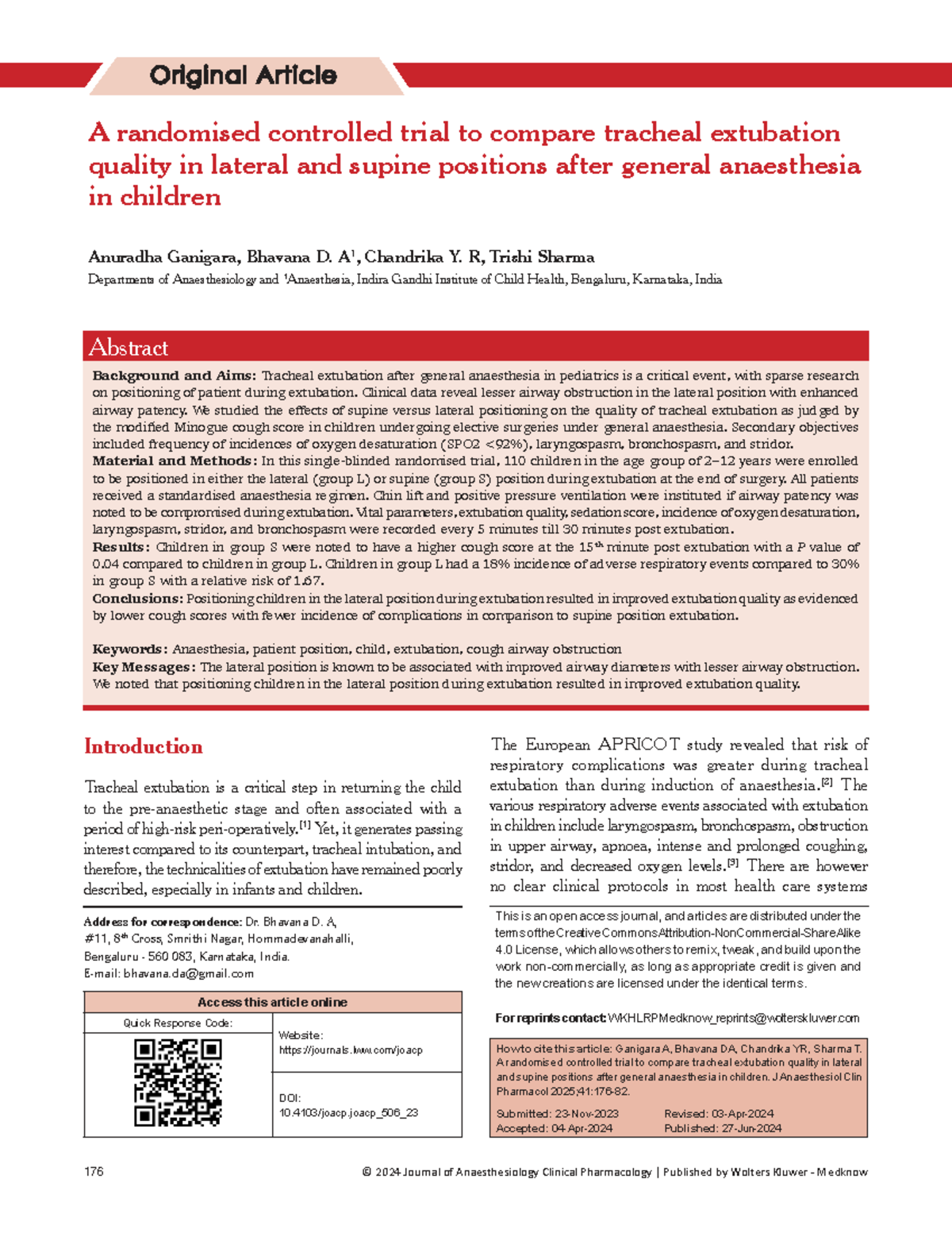A1: Randomised Controlled Trial on Tracheal Extubation in Children ...