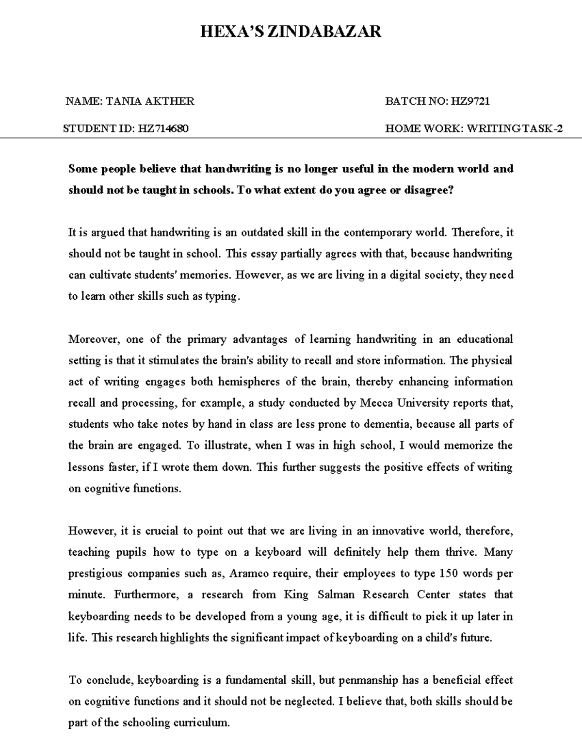Writing Task 2 Homework - The Importance of Handwriting vs. Typing ...