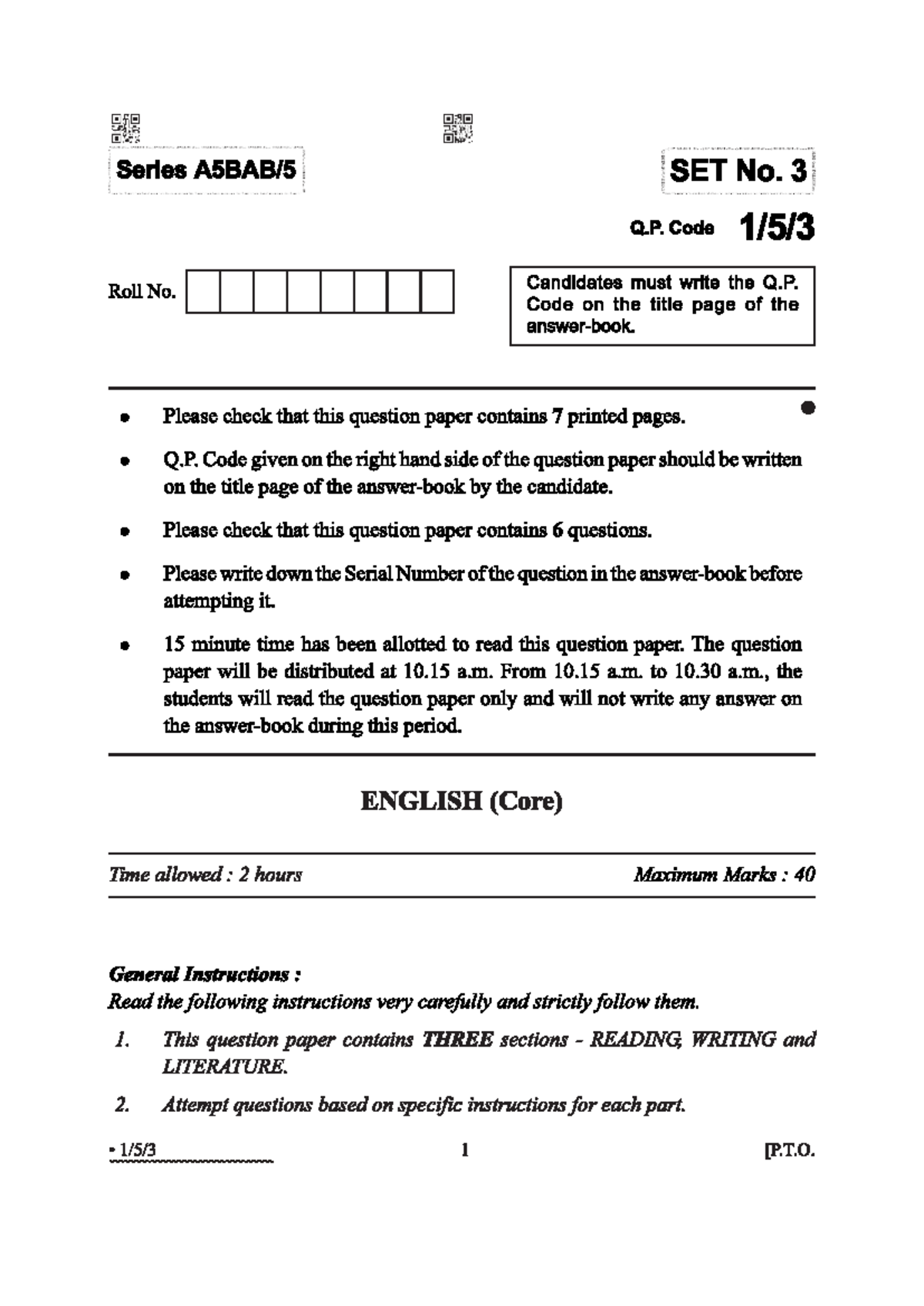 English Core 1-5-3: Series SET No. 3 Question Paper - Studocu