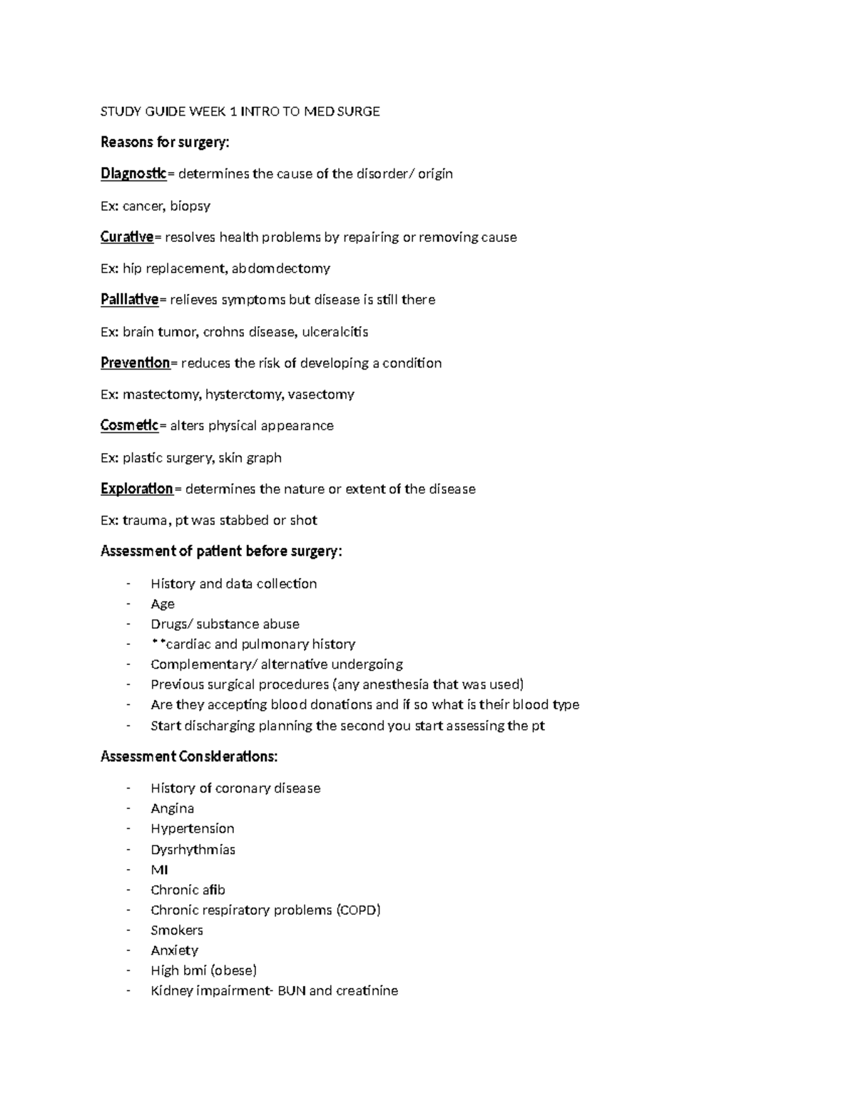 Week 1 Intro to Med surge Study guide - STUDY GUIDE WEEK 1 INTRO TO MED SURGE Reasons for ...