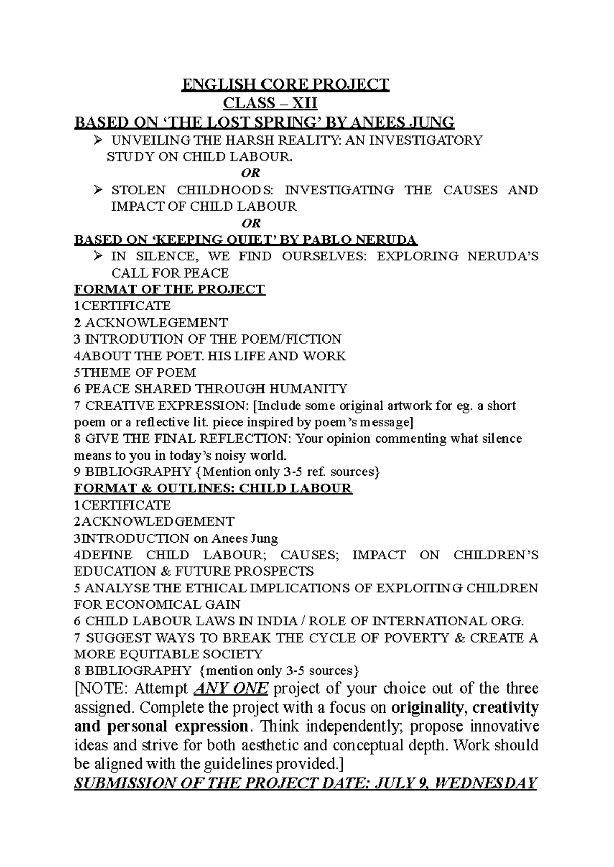 ENGLISH CORE PROJECT CLASS XII: EXPLORING CHILD LABOUR & PEACE - Studocu