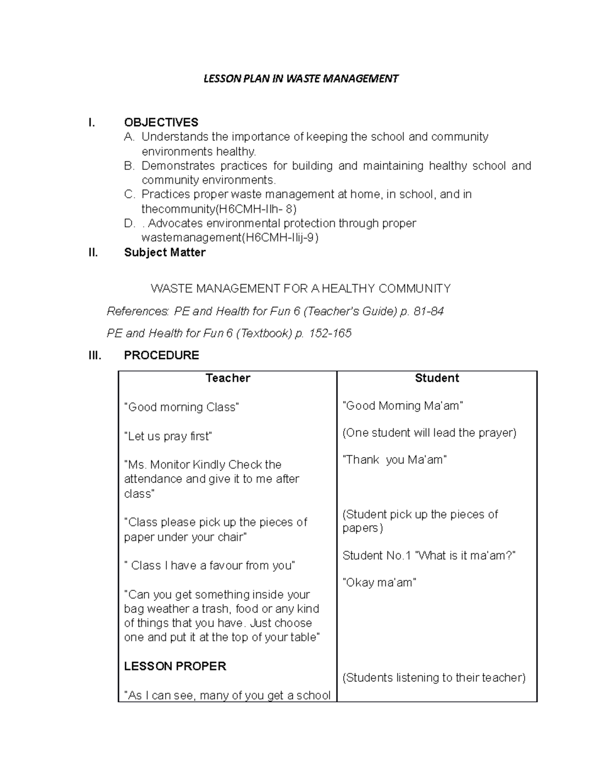 Lesson PLAN IN Waste Management - LESSON PLAN IN WASTE MANAGEMENT I ...