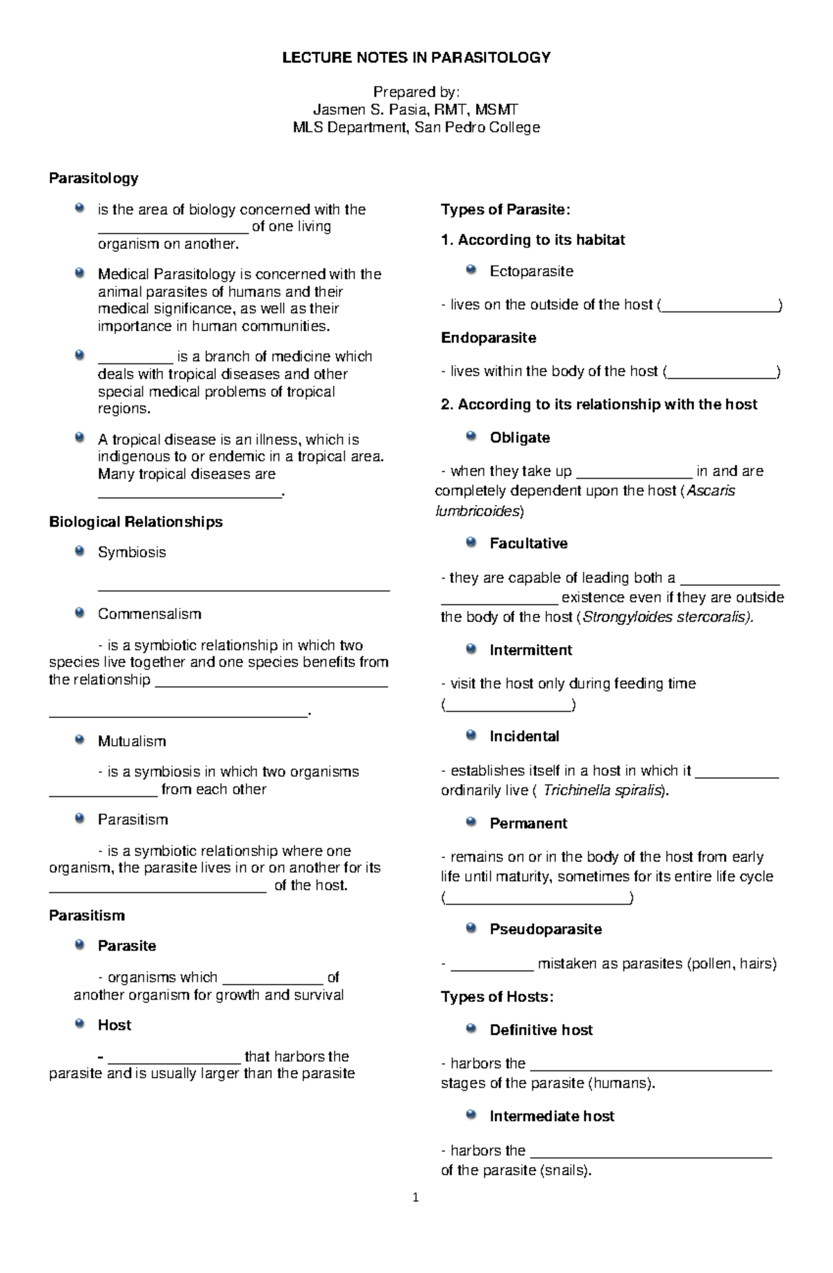 Parasitology Lecture Notes - Major Concepts and Disease Overview - Studocu