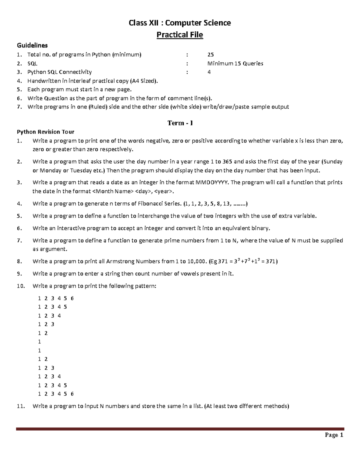 Practical File XII CS 2024-25 - Class XII : Computer Science Practical File Guidelines Total no ...