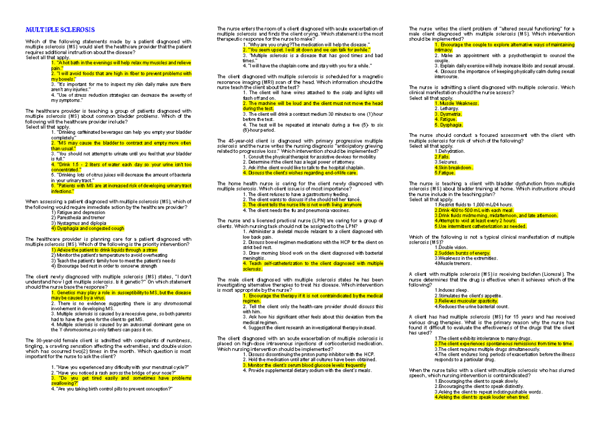MS 201: Midterm Review on Multiple Sclerosis Management and Interventions - Studocu