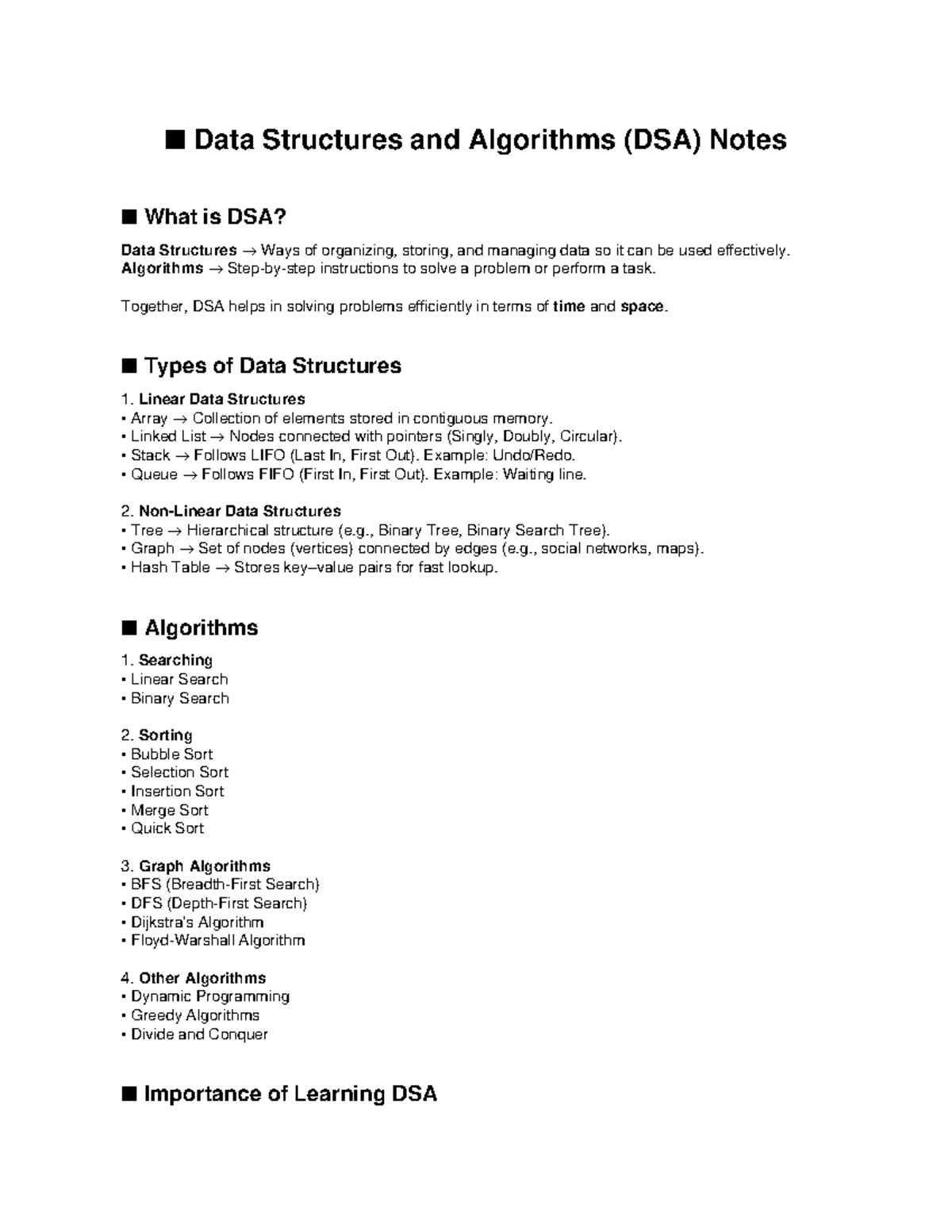 Data Structures and Algorithms (DSA) Overview and Key Concepts - Studocu