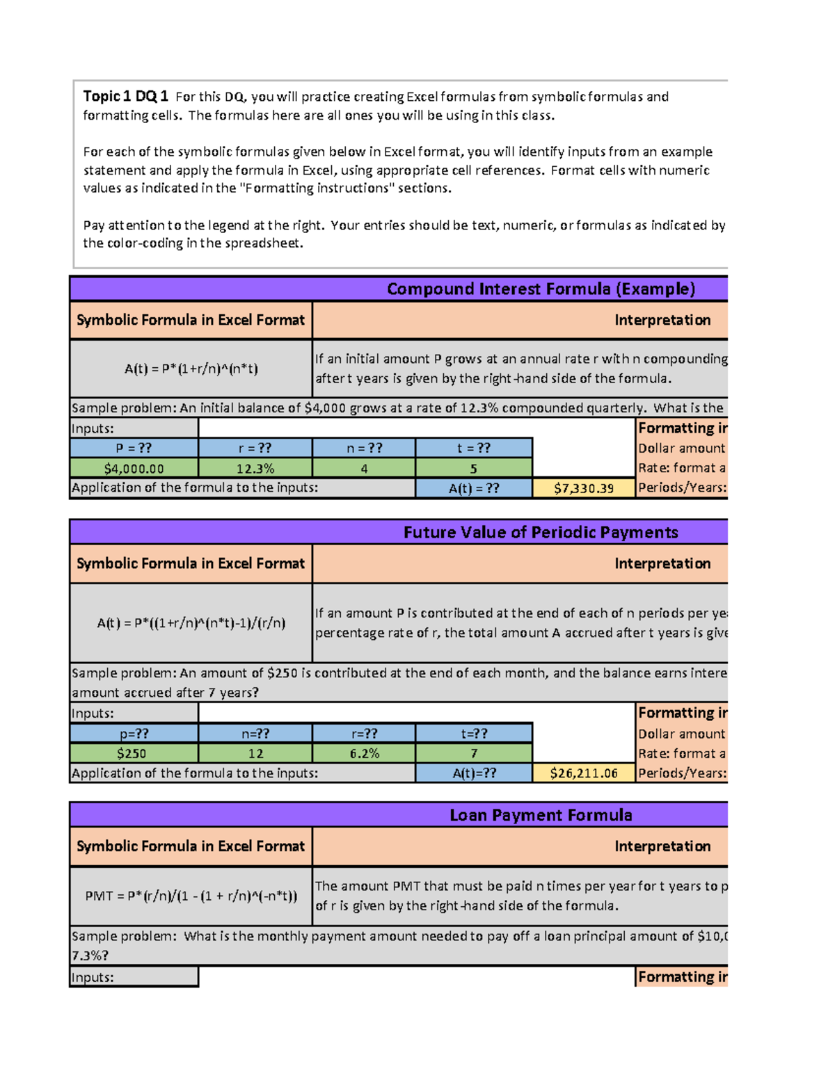 Math 144 Topic 1 DQ 1 - Excel Formulas and Formatting Guide - Studocu